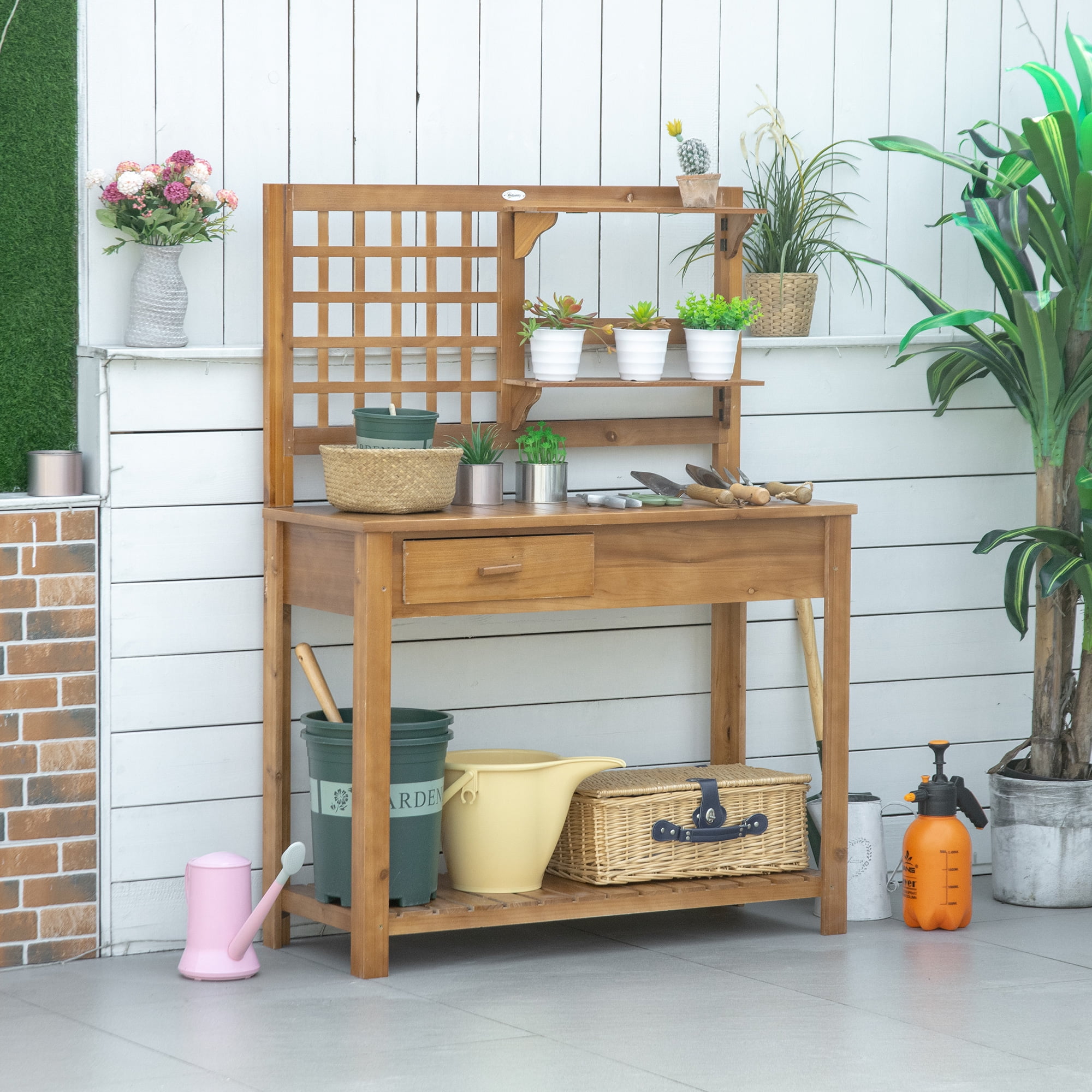 Outsunny Potting Bench Table, Garden Work Bench, Outdoor Wooden ...