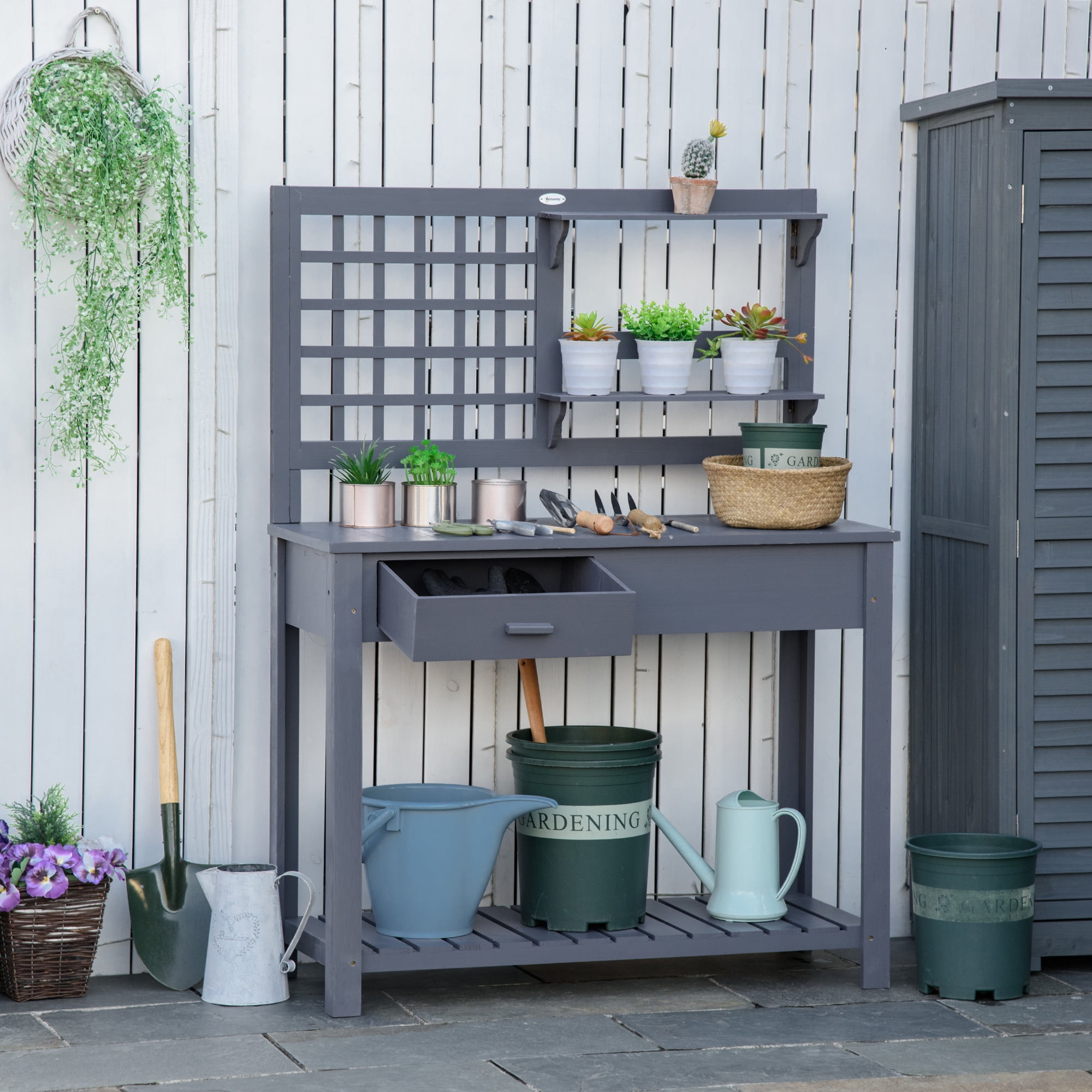 Outsunny Potting Bench Table, Garden Work Bench, Outdoor Wooden ...