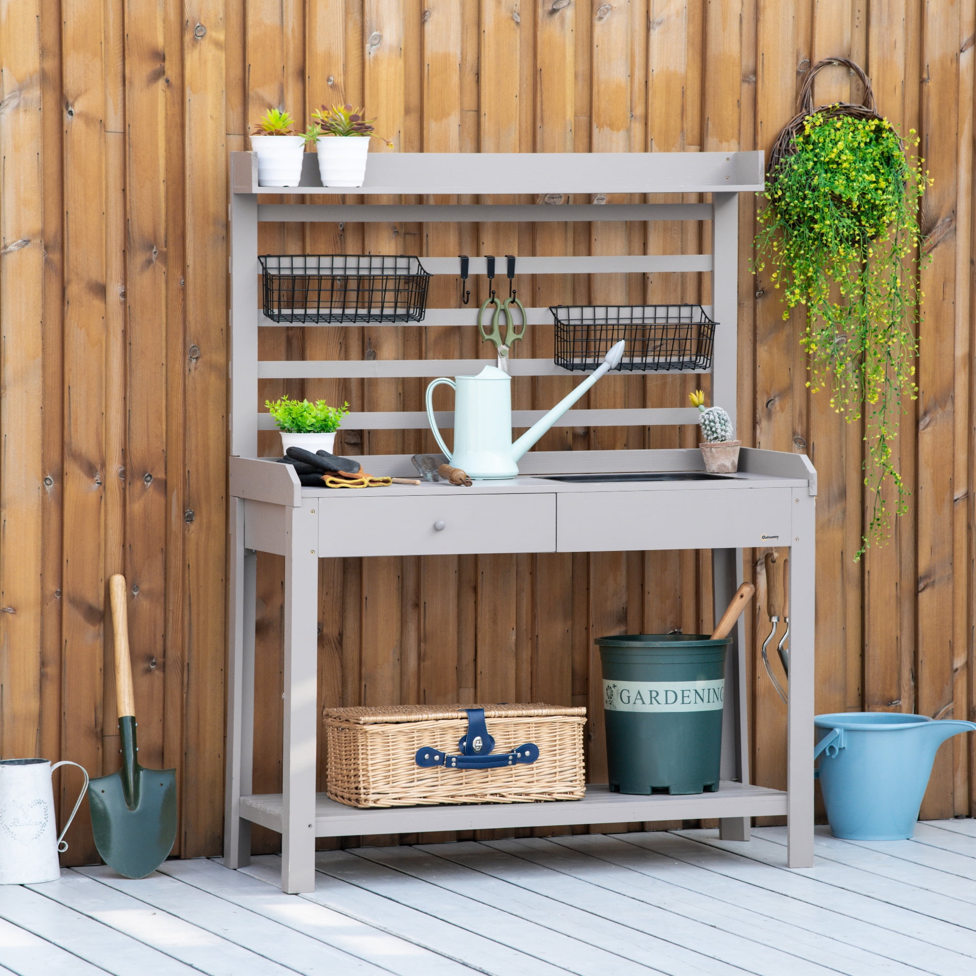 Outsunny Potting Bench Table, Garden Work Bench, Workstation with Metal ...