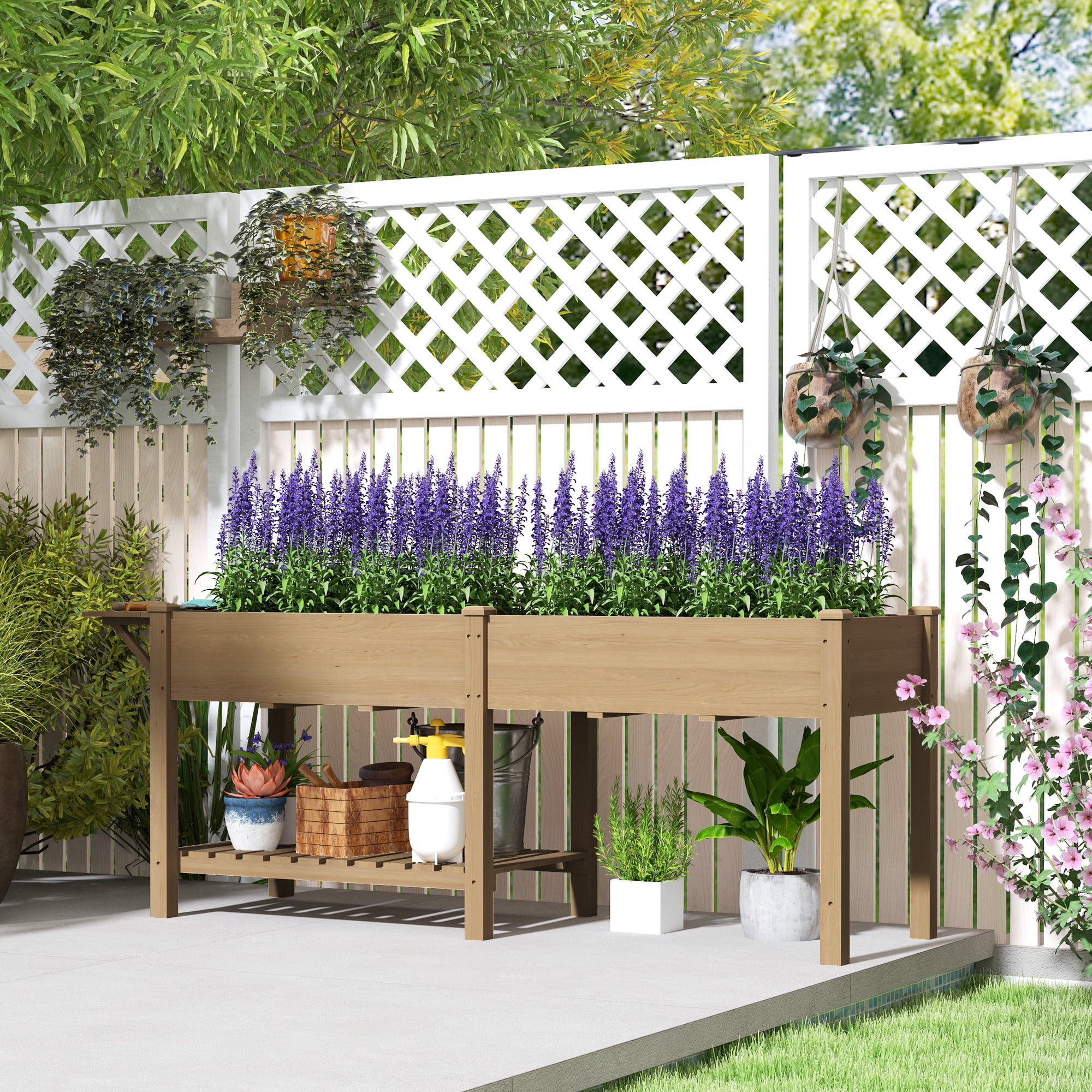 Outsunny Raised Garden Bed, Wood Elevated Planter Box with Side Table ...
