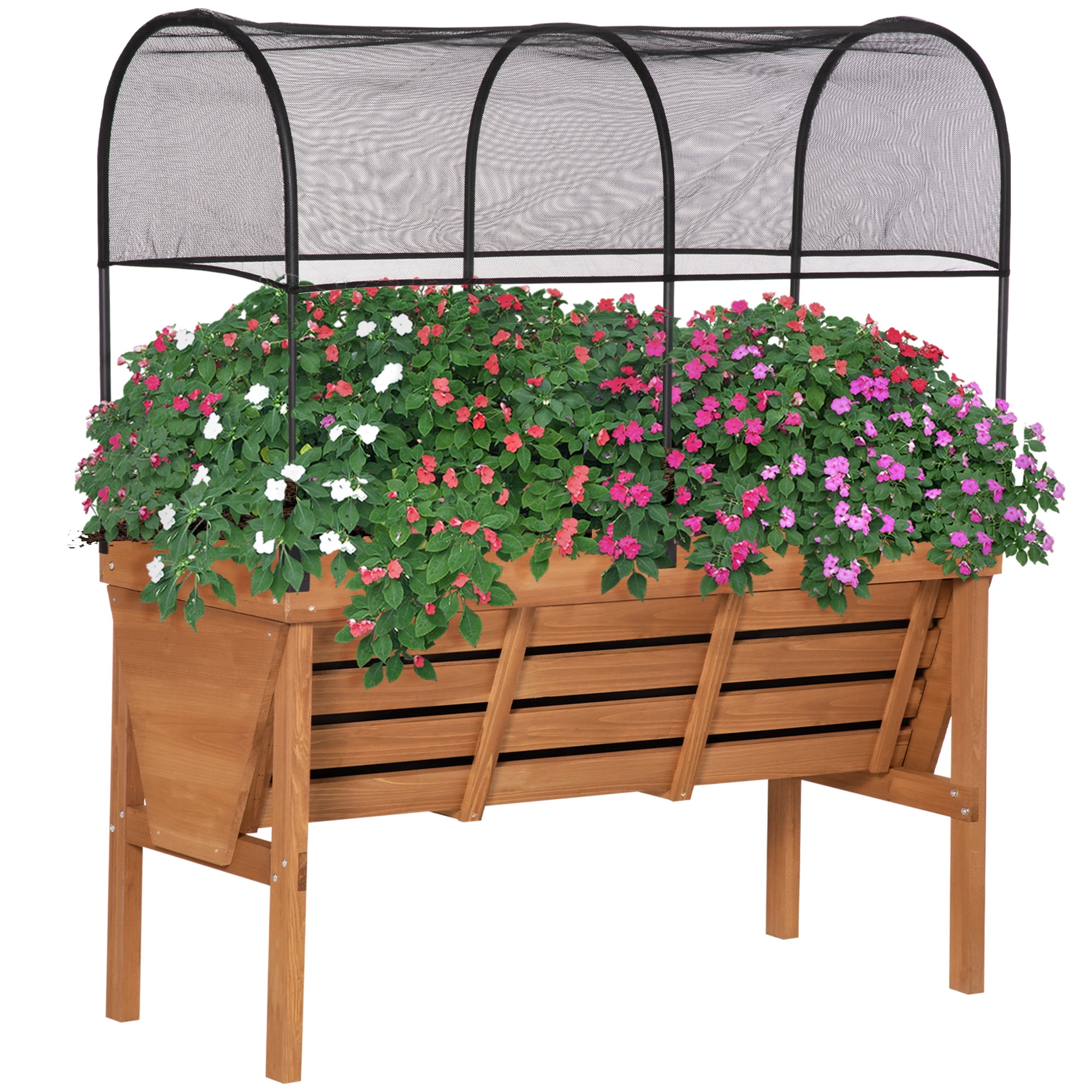 Outsunny Raised Garden Bed, Wood Trough Trapezoid, Sun Shade Canopy ...