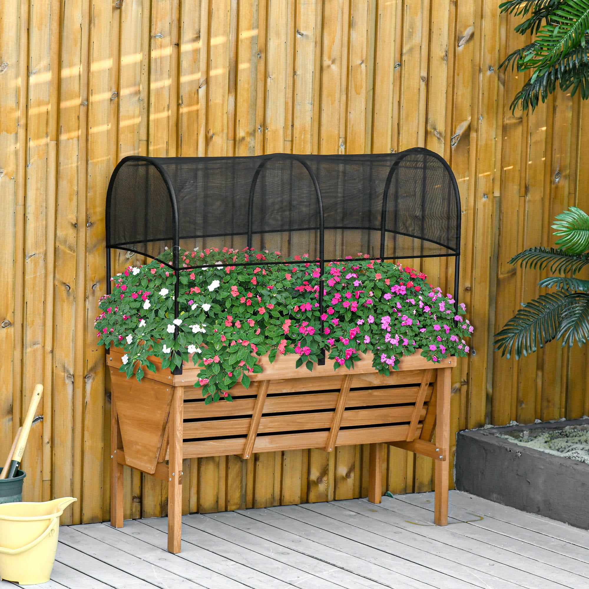Outsunny Wooded Raised Bed, Trapezoid with Sun Shade Canopy, Draining ...
