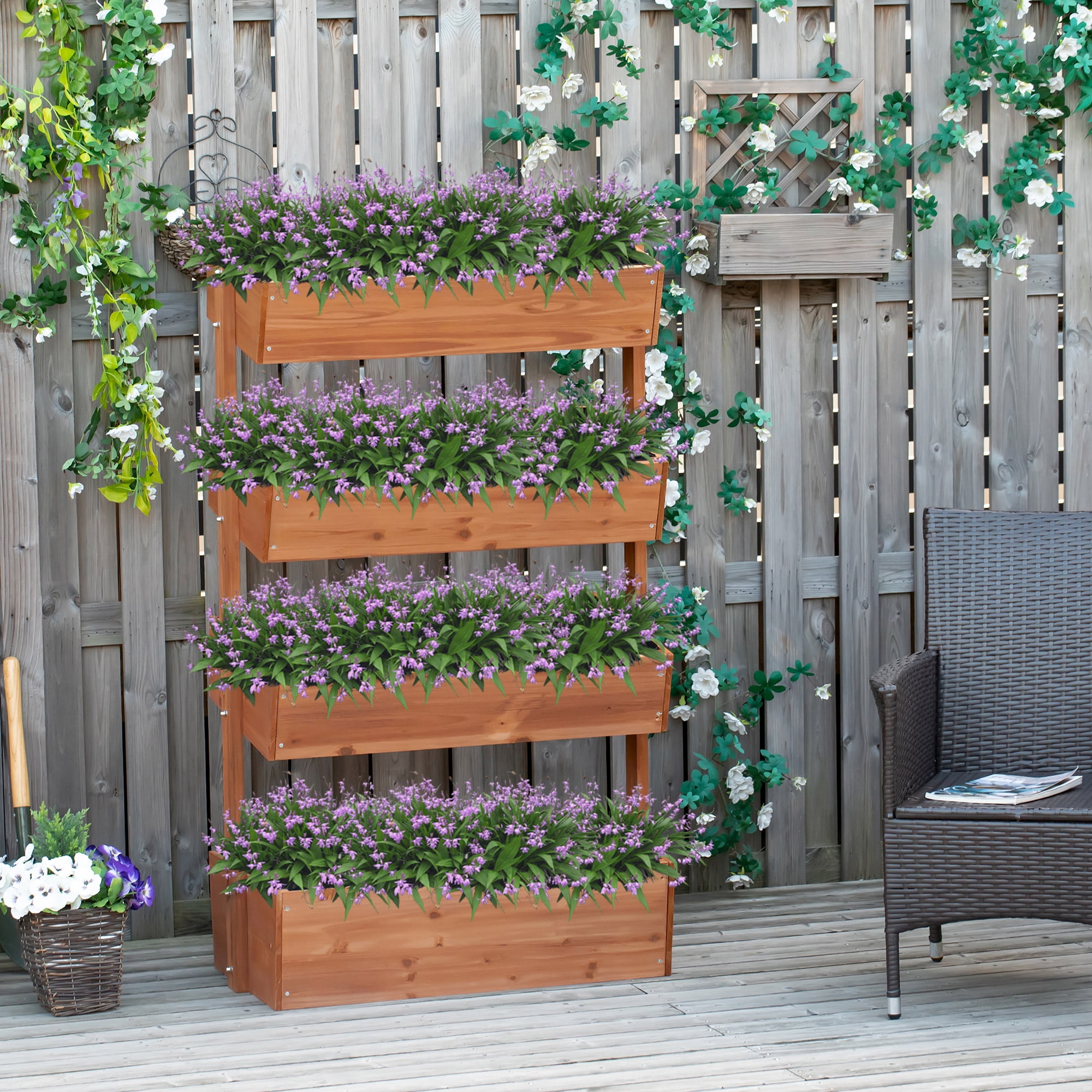 Outsunny Vertical Garden Planter, Wooden 4 Tier Planter Box, Self ...