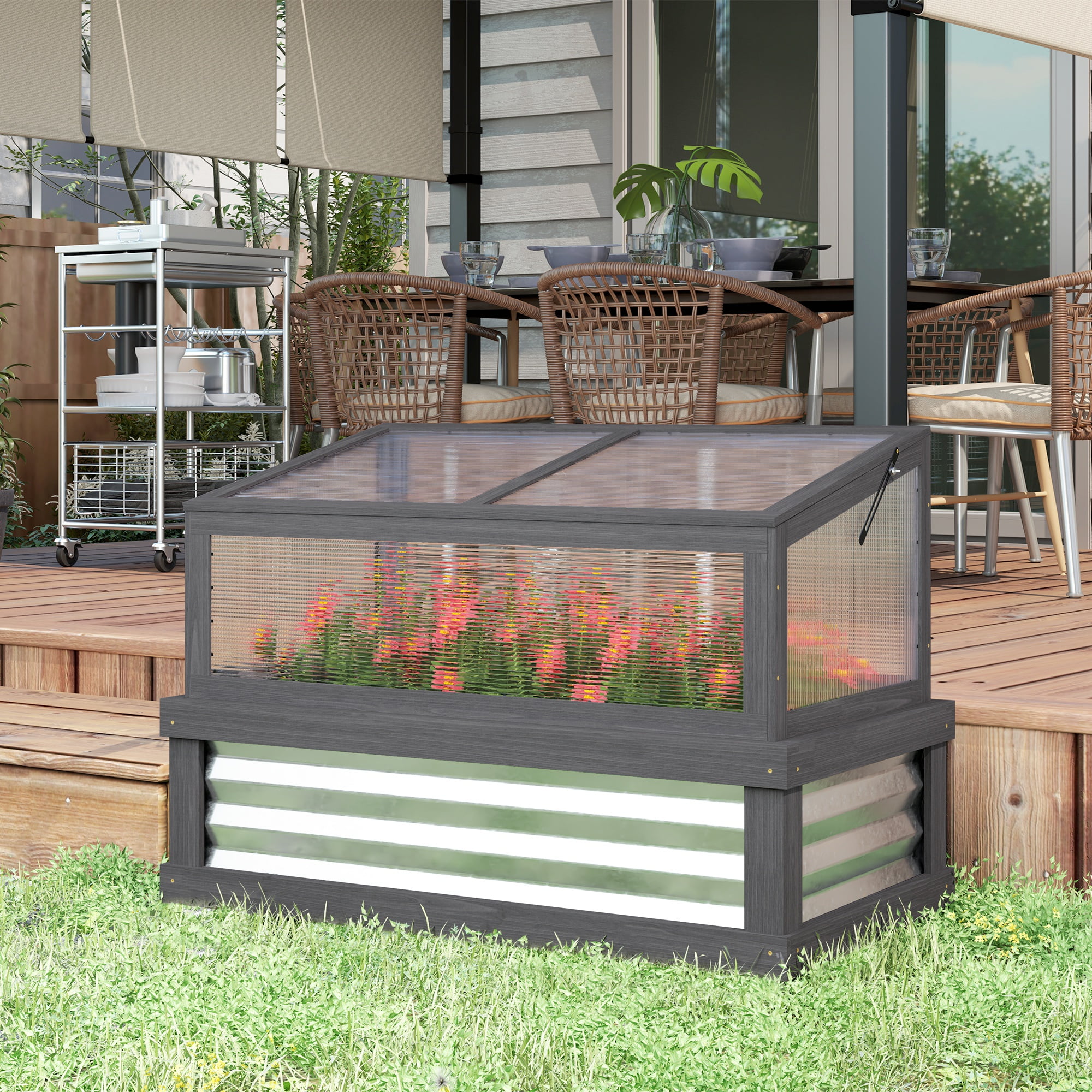 Outsunny Raised Garden Bed with Polycarbonate Greenhouse, Lean to ...