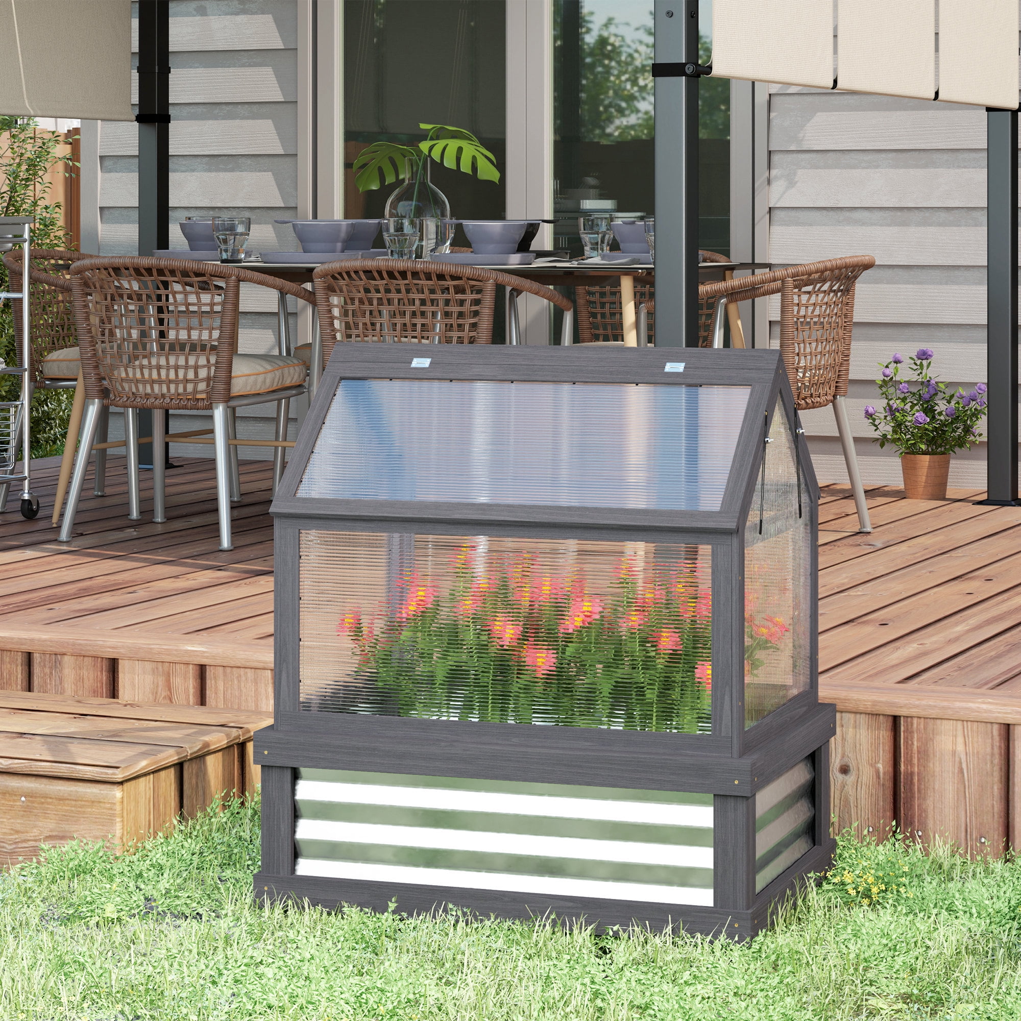 Outsunny Raised Garden Bed with Polycarbonate Greenhouse, Wooden Cold ...