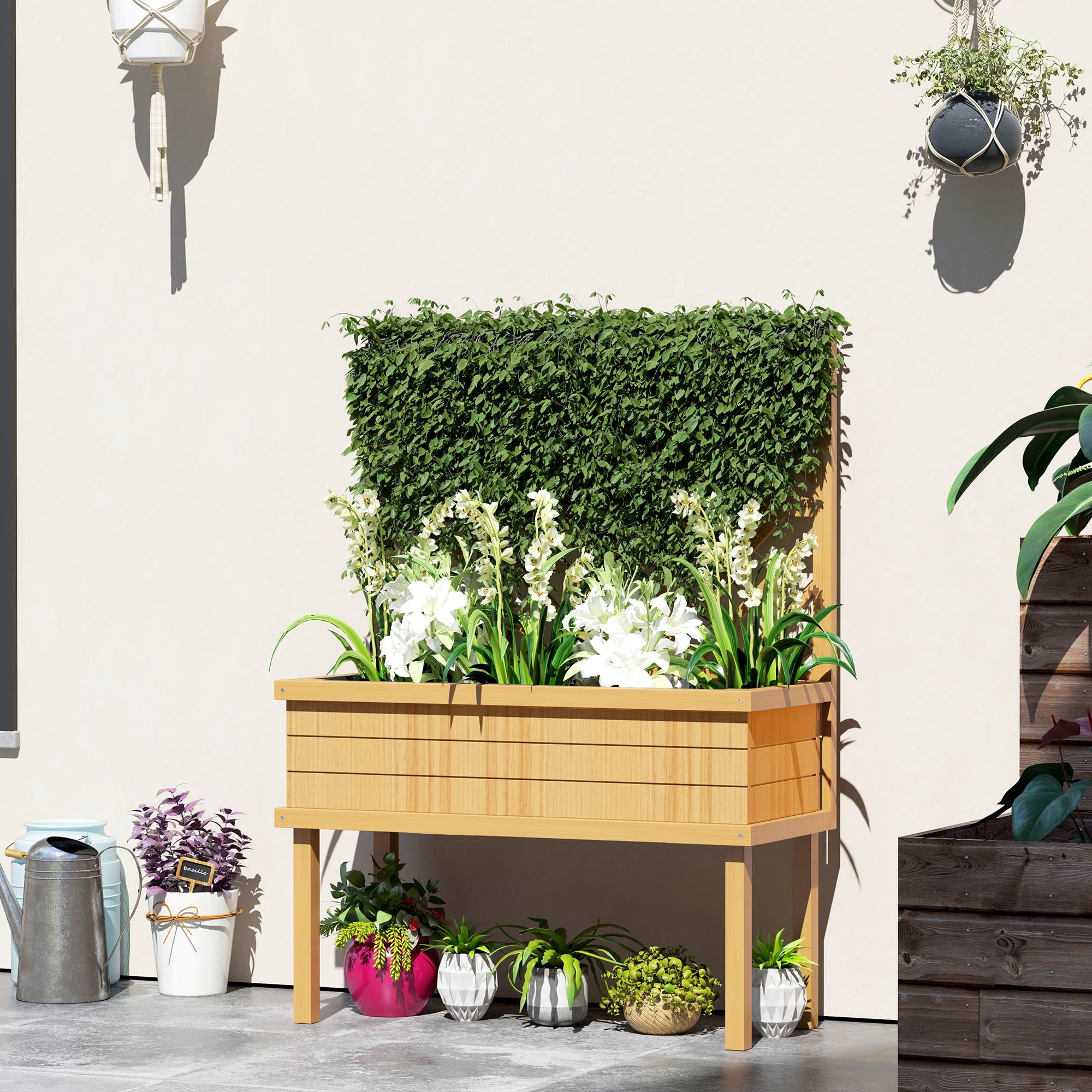 Outsunny Raised Garden Bed with Trellis for Climbing Plants, Wood ...