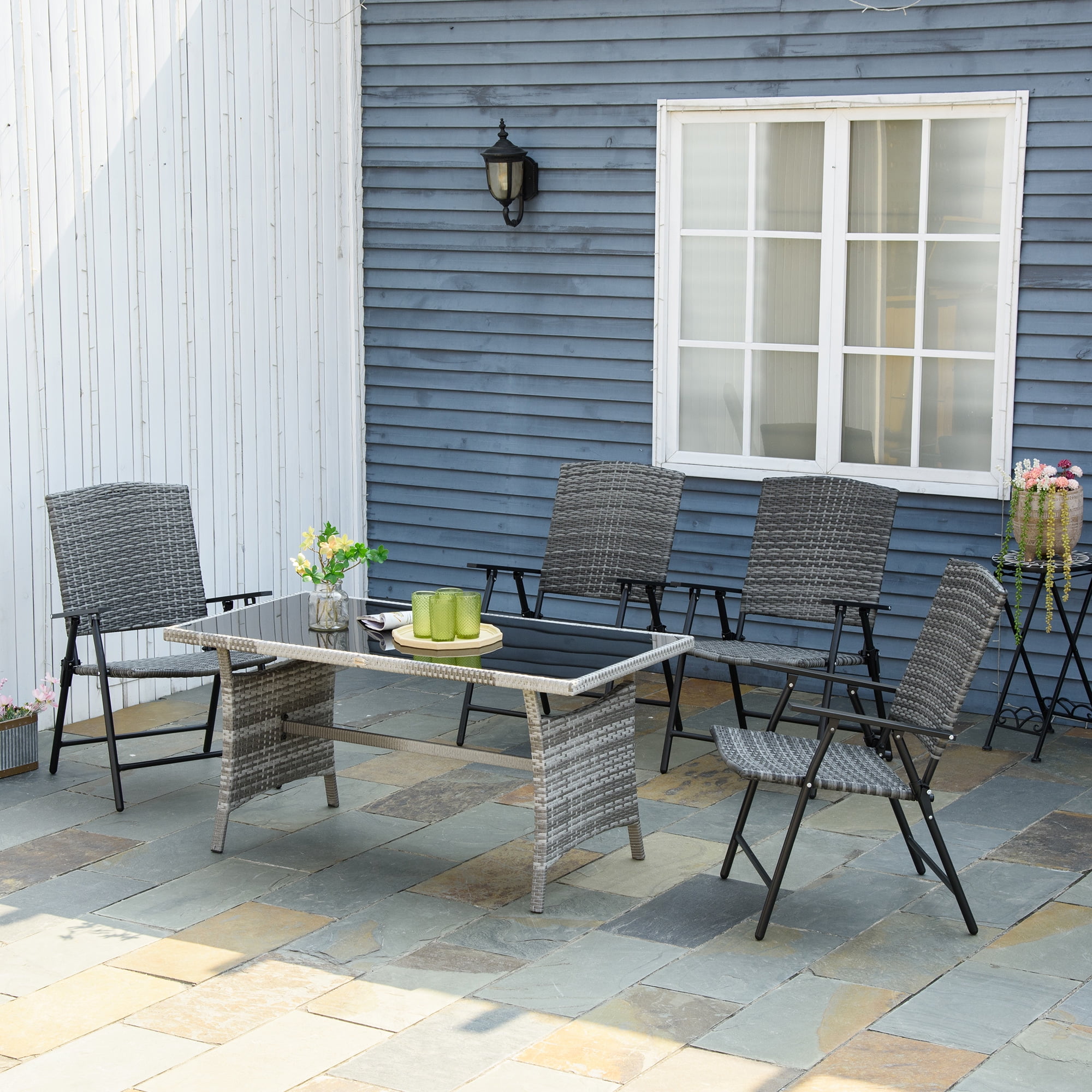 Outsunny PE Plastic Rattan Folding Chair Set, 4 Pack, Outdoor Wicker ...