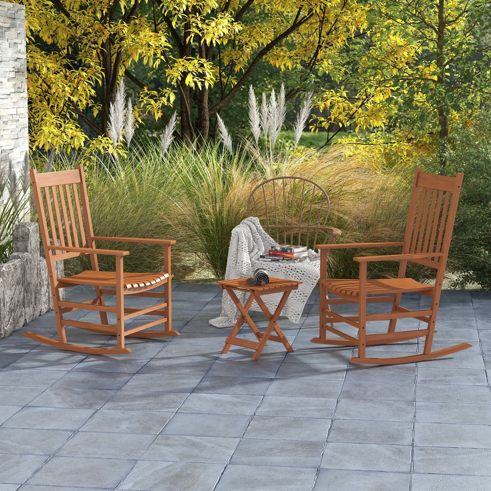 Outsunny Patio Furniture: Teak Rocking Chair Set w/ Foldable Table for ...
