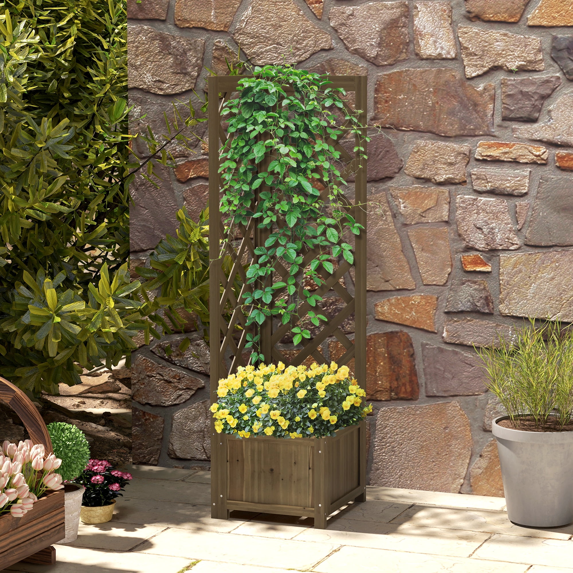 Outsunny Rustic Corner Planter with Trellis, Wooden Raised Garden Boxes ...