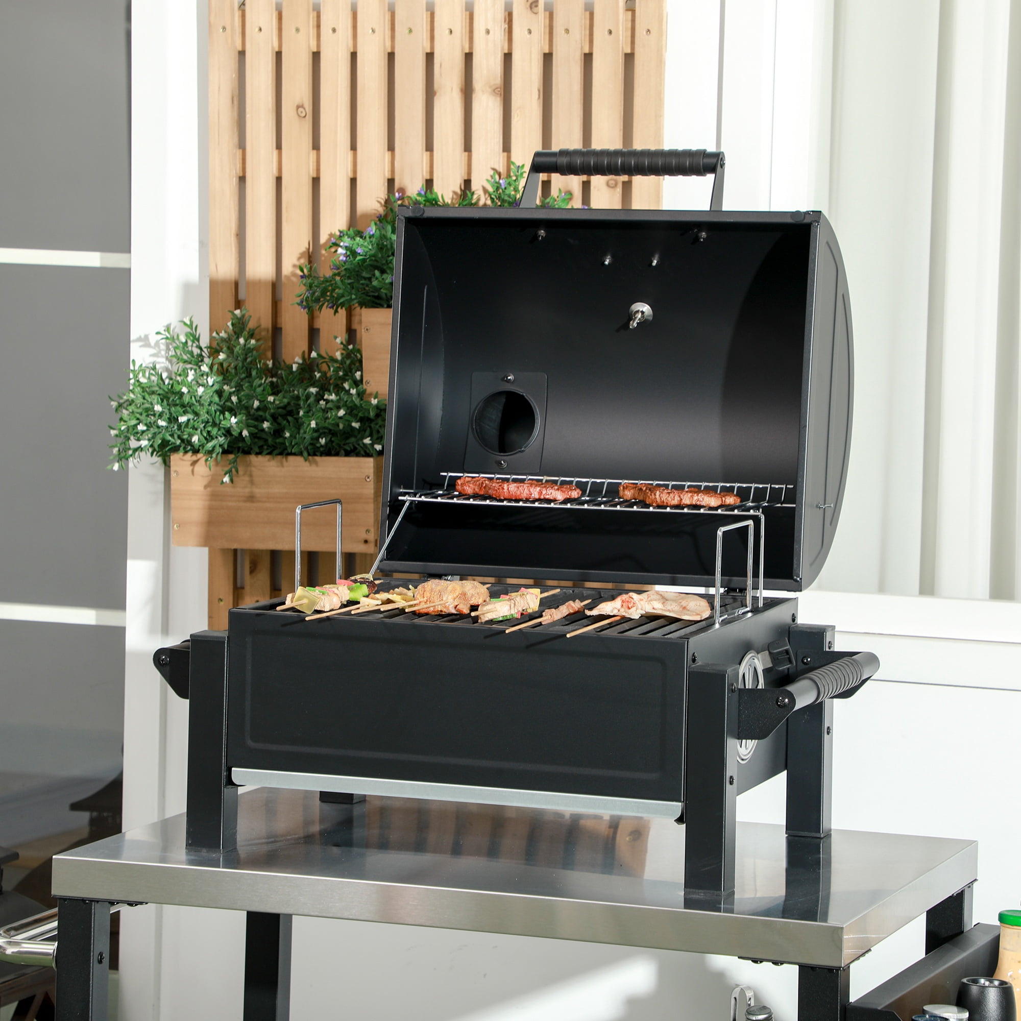 Outsunny Tabletop Charcoal BBQ Grill, Small Outdoor Barbecue with Pull ...
