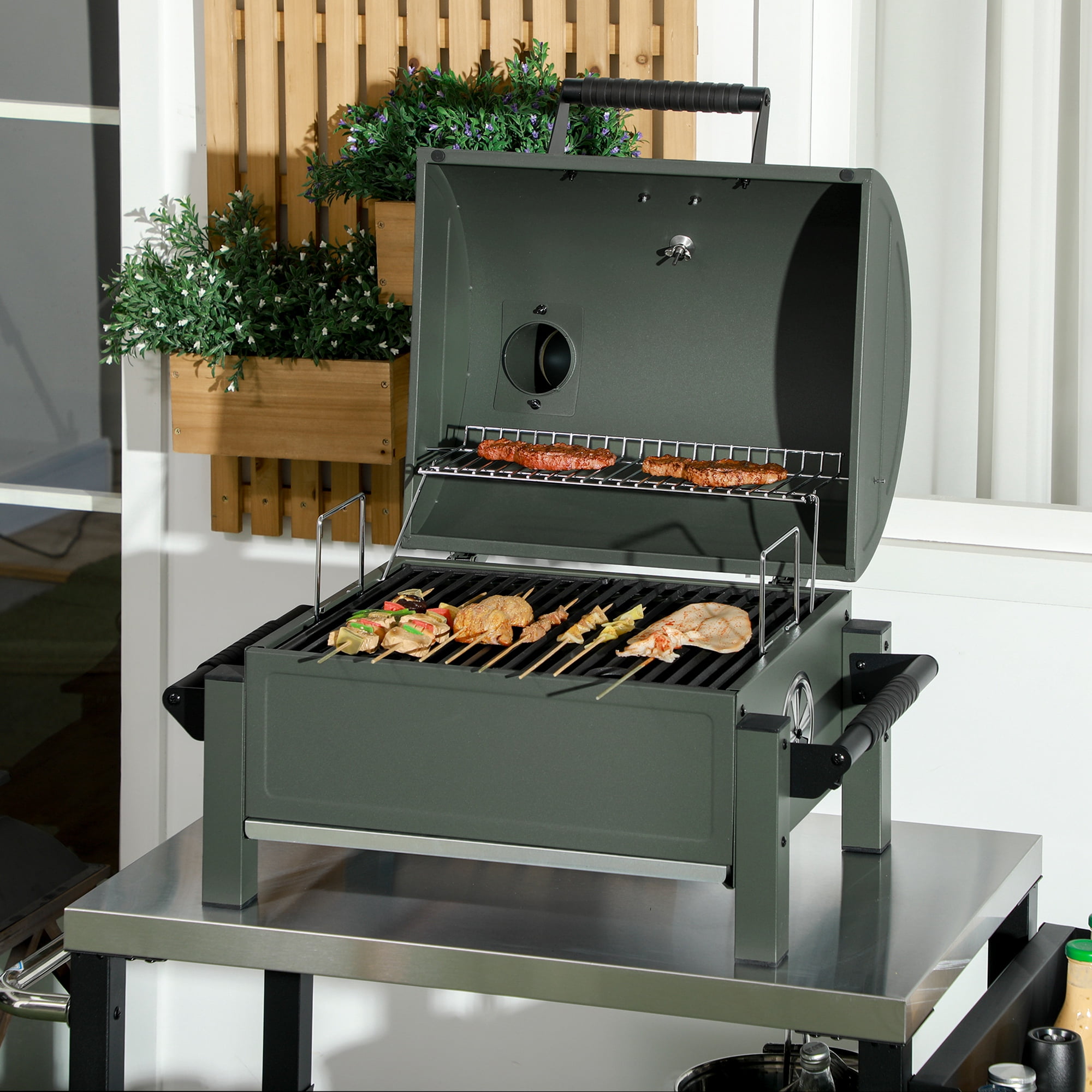 Outsunny Assembled Tabletop Charcoal BBQ Grill with Lid, Portable ...
