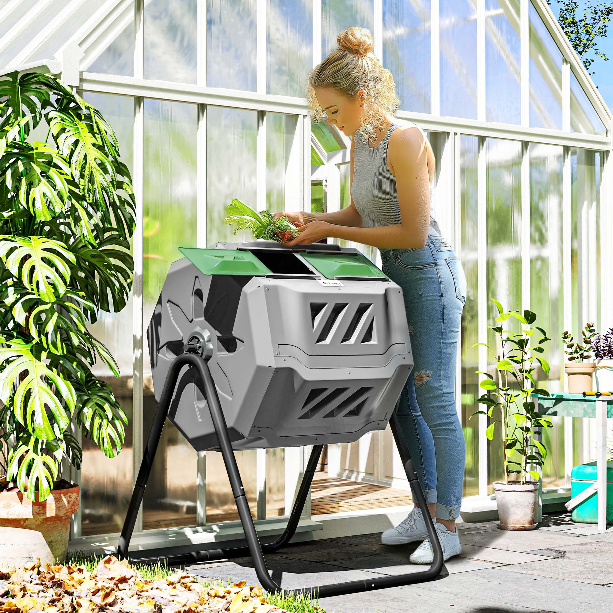 Outsunny Tumbling Compost Bin Outdoor 360° Dual Chamber Rotating ...