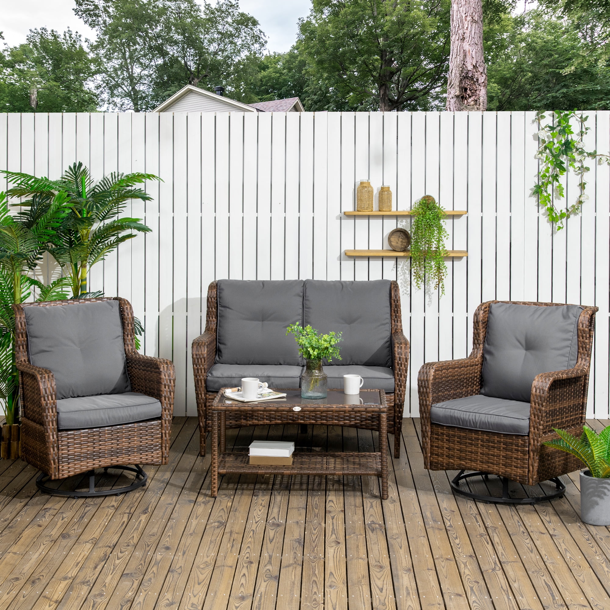 Outsunny Wicker Furniture Set w 360 Swivel Rocking Chairs Gray