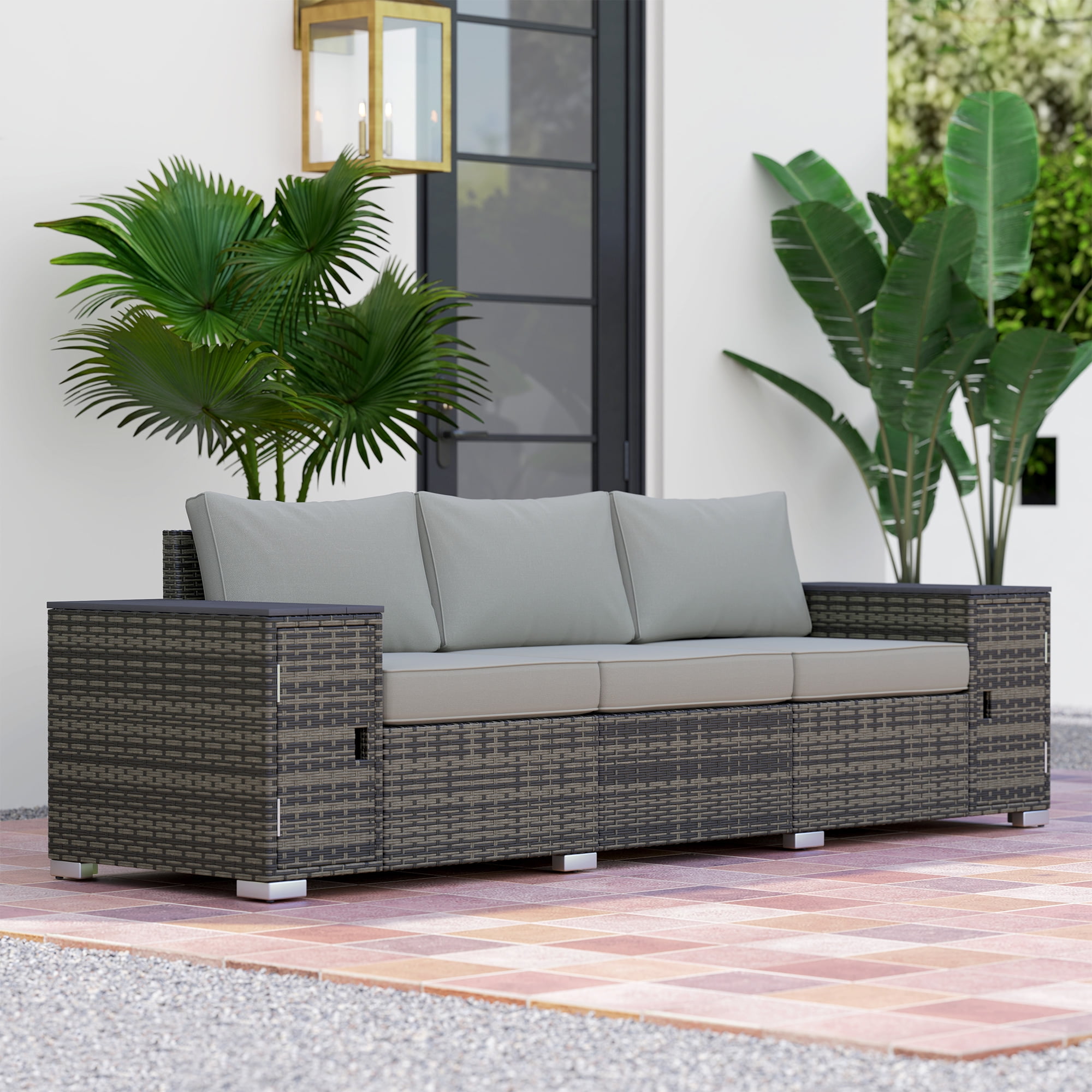 Outsunny Wicker Outdoor Couch with Storage, Thickened Cushions, 3 ...