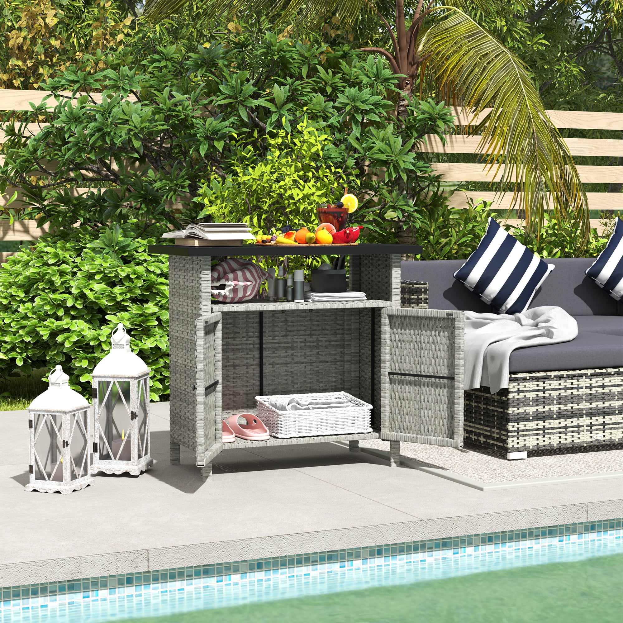 Outsunny Wicker Outdoor Storage Cabinet, Rattan Outdoor Towel Storage ...