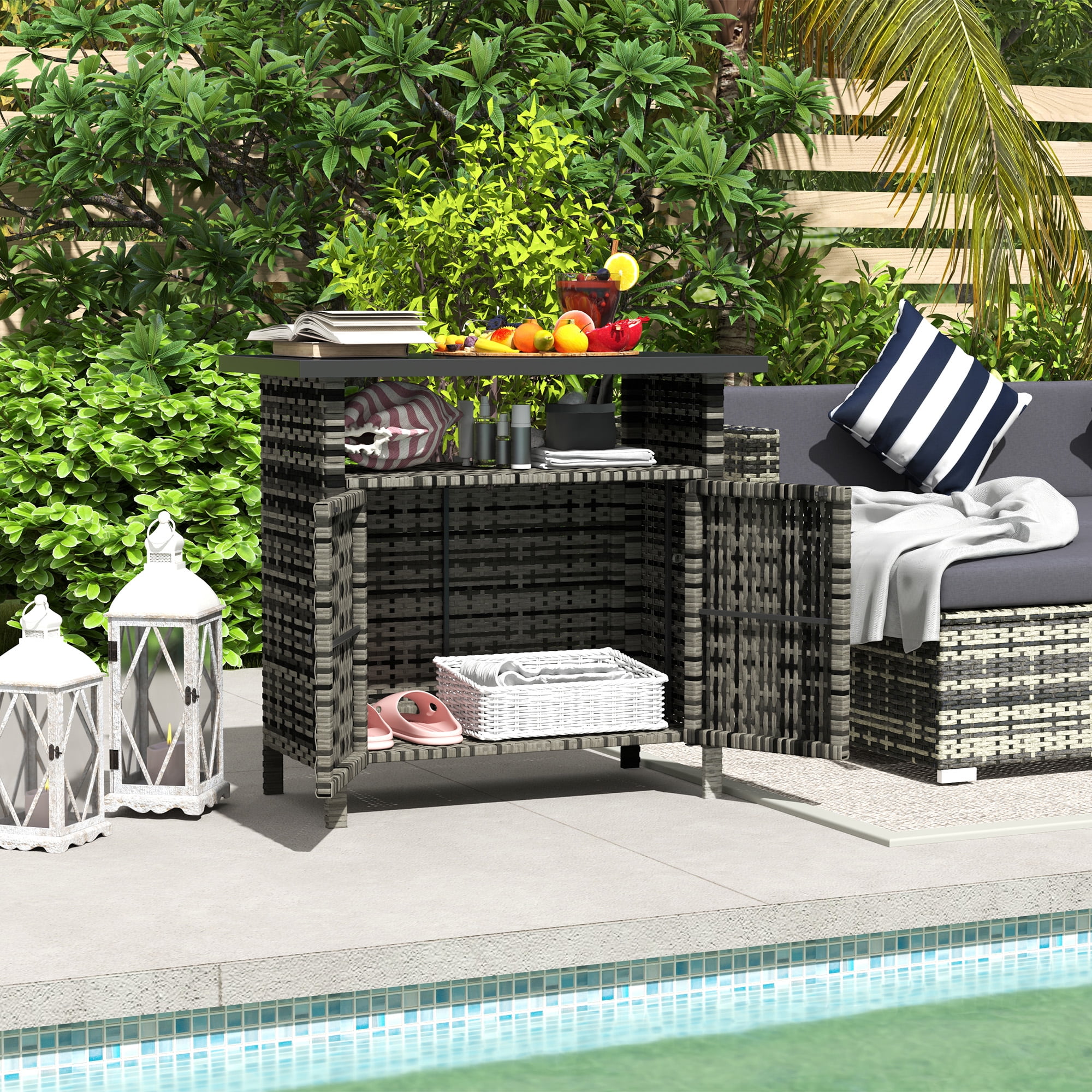 Outsunny Wicker Outdoor Storage Cabinet, Rattan Outdoor Towel Storage ...