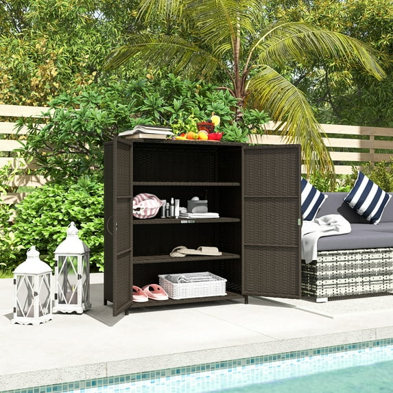 Outsunny Wicker Outdoor Storage Cabinet with Shelves, 2-Door Rattan ...