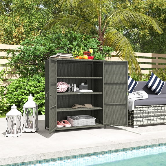 Outsunny Wicker Outdoor Storage Cabinet with Shelves, 2-Door Rattan ...