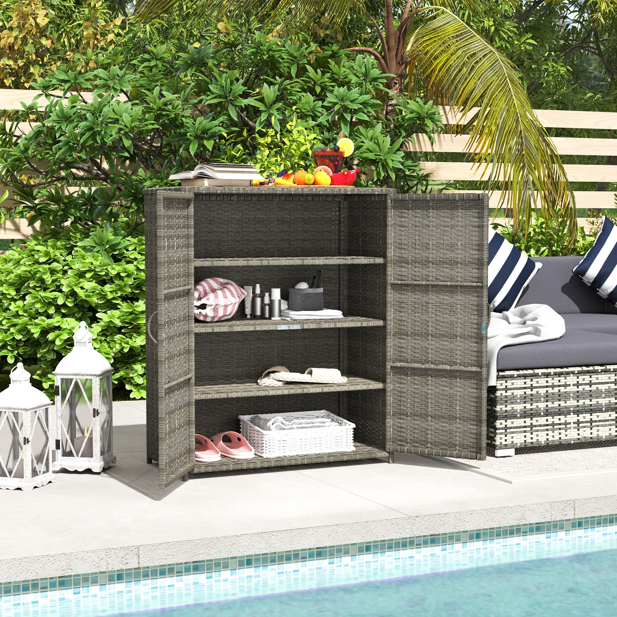 "Outsunny Wicker Outdoor Storage Cabinet, 4-Shelf 2-Door Rattan Cabinet ...