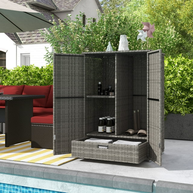 Outsunny Wicker Outdoor Storage Cabinet with Shelves, 2-Door Rattan ...