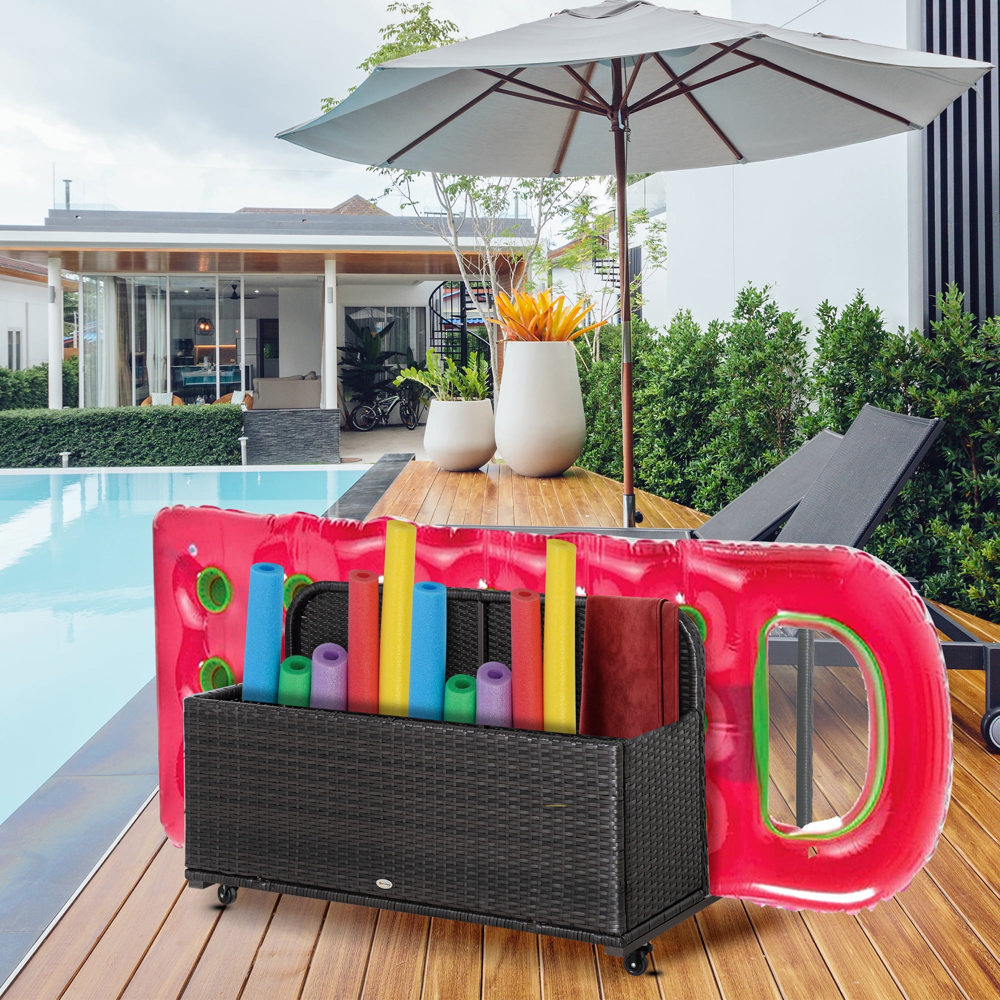 Outsunny Portable Wicker Pool Deck Organizer, Outdoor Swimming Bin ...