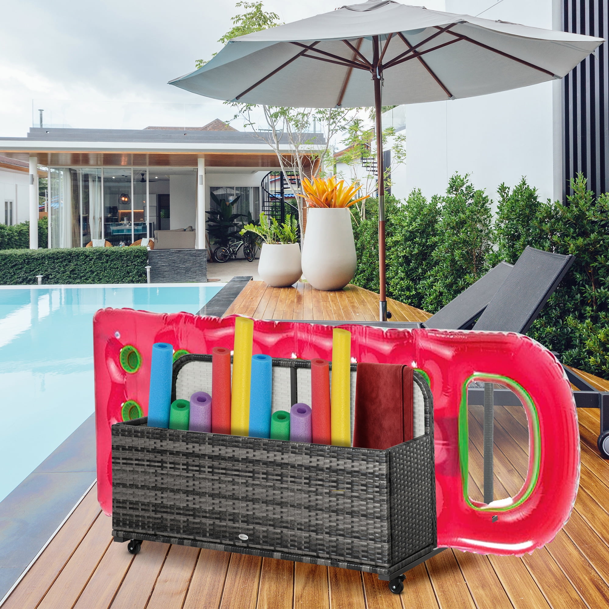 Outsunny Wicker Poolside Float Storage Rattan Basket with Wheels, Pool ...
