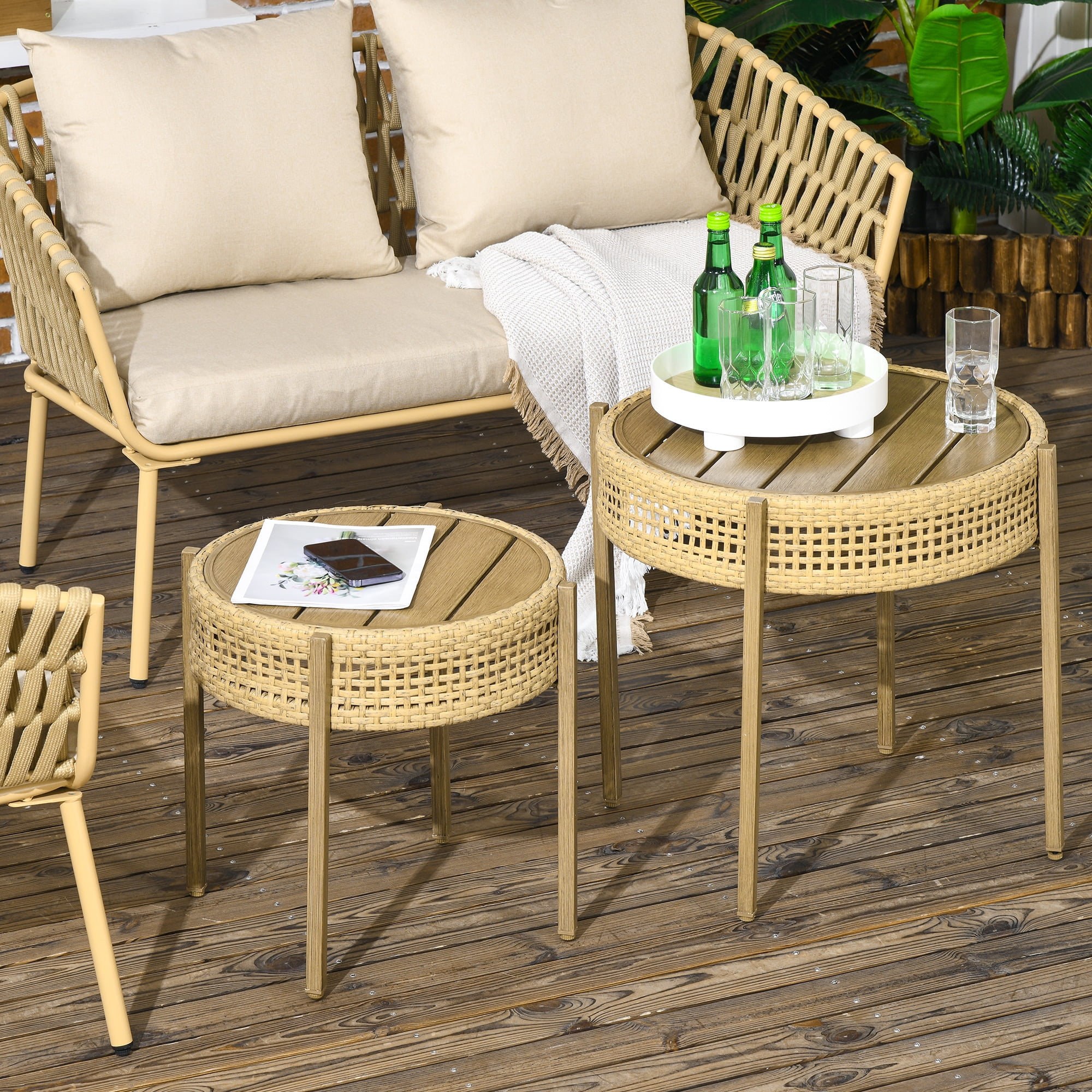 Outsunny Slatted Metal Top Wicker Patio Table Set, 2 Piece Round PE ...