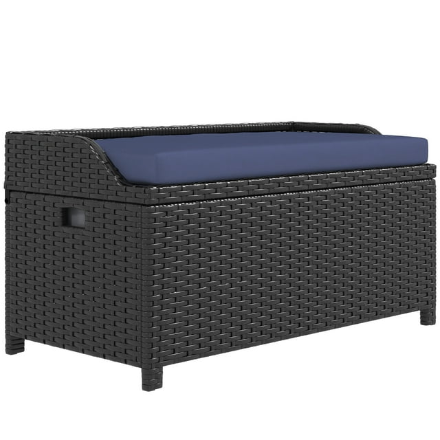 Outsunny Wicker Storage Bench Deck Box with Comfortable Cushion, Navy ...