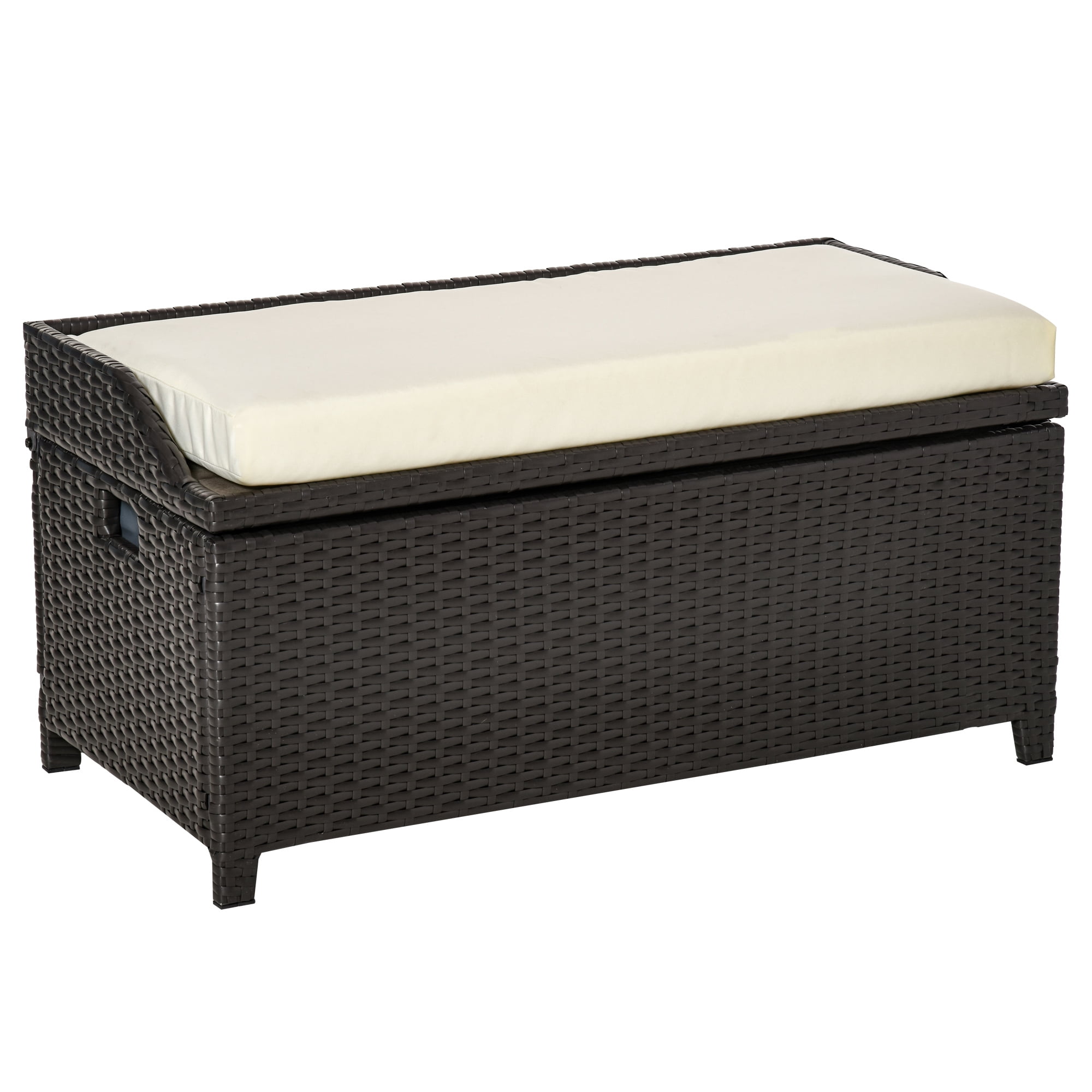 Outsunny Wicker Storage Bench Deck Box with Comfortable Cushion, White ...