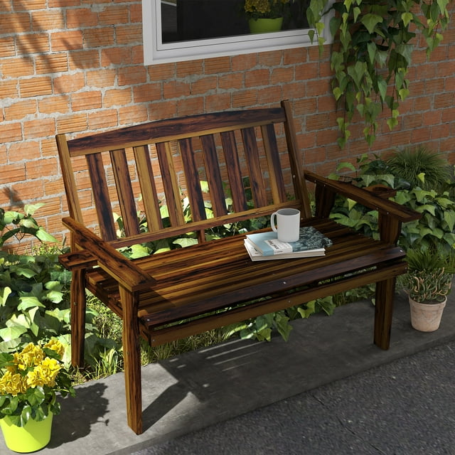 Outsunny Outdoor Yard Seat: Wooden Garden Bench with Back and Cupholder ...