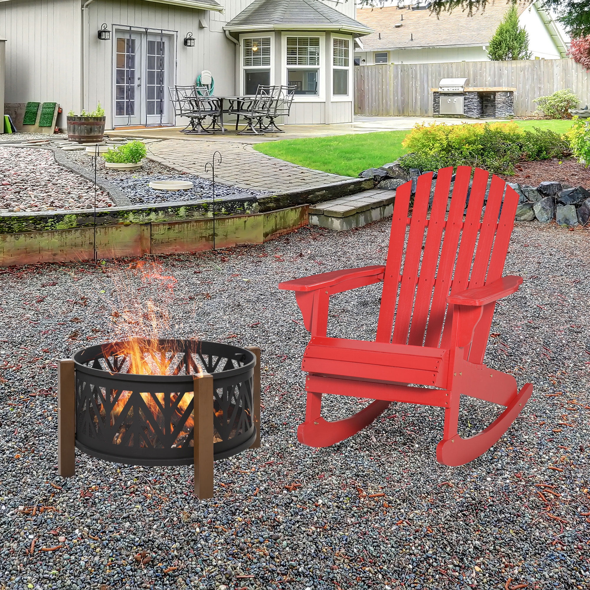 Outsunny Rustic Wooden Adirondack Rocking Chair Outdoor Lounge Chair ...