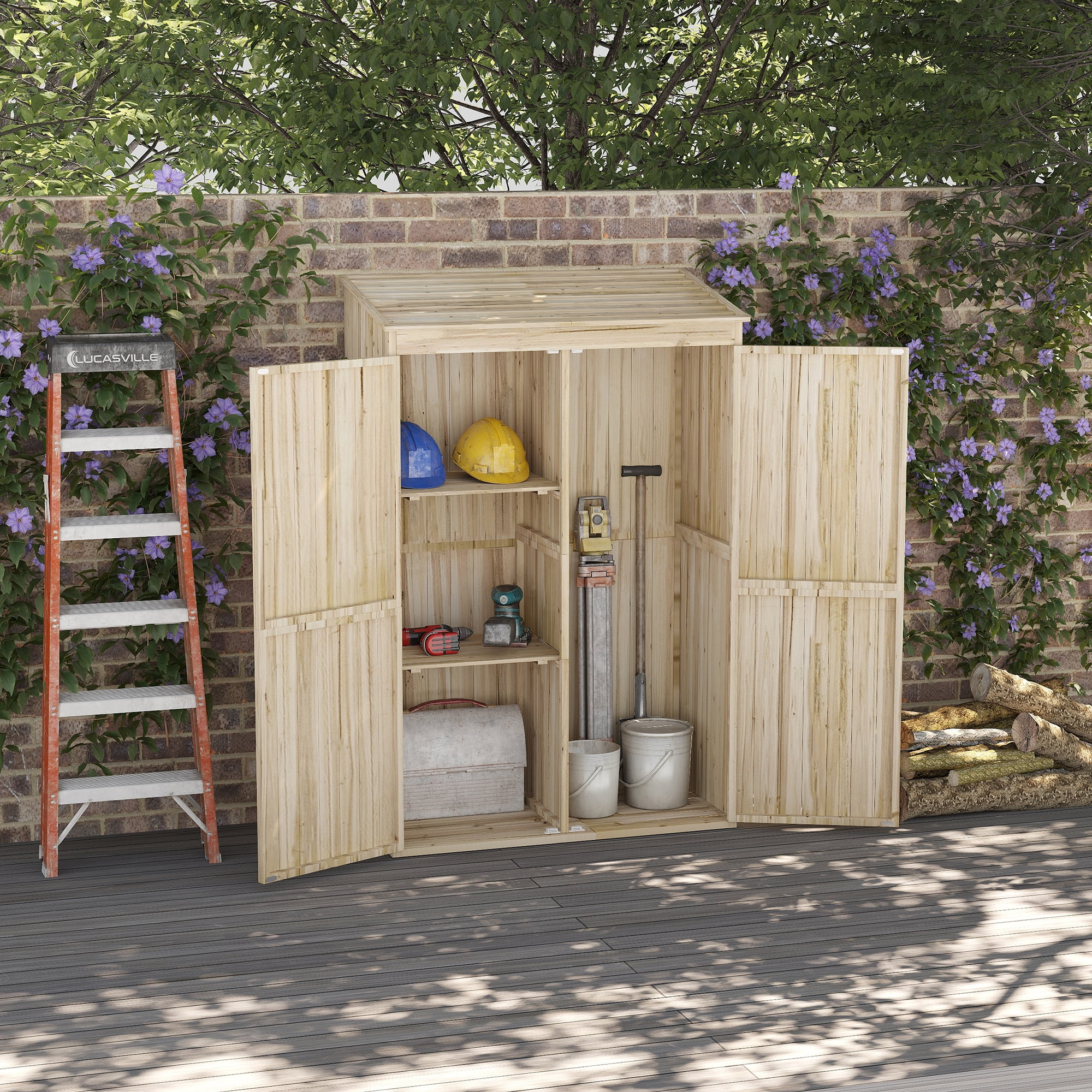 Outsunny Premade Wooden Garden Shed Tool Storage w/ Double Doors ...