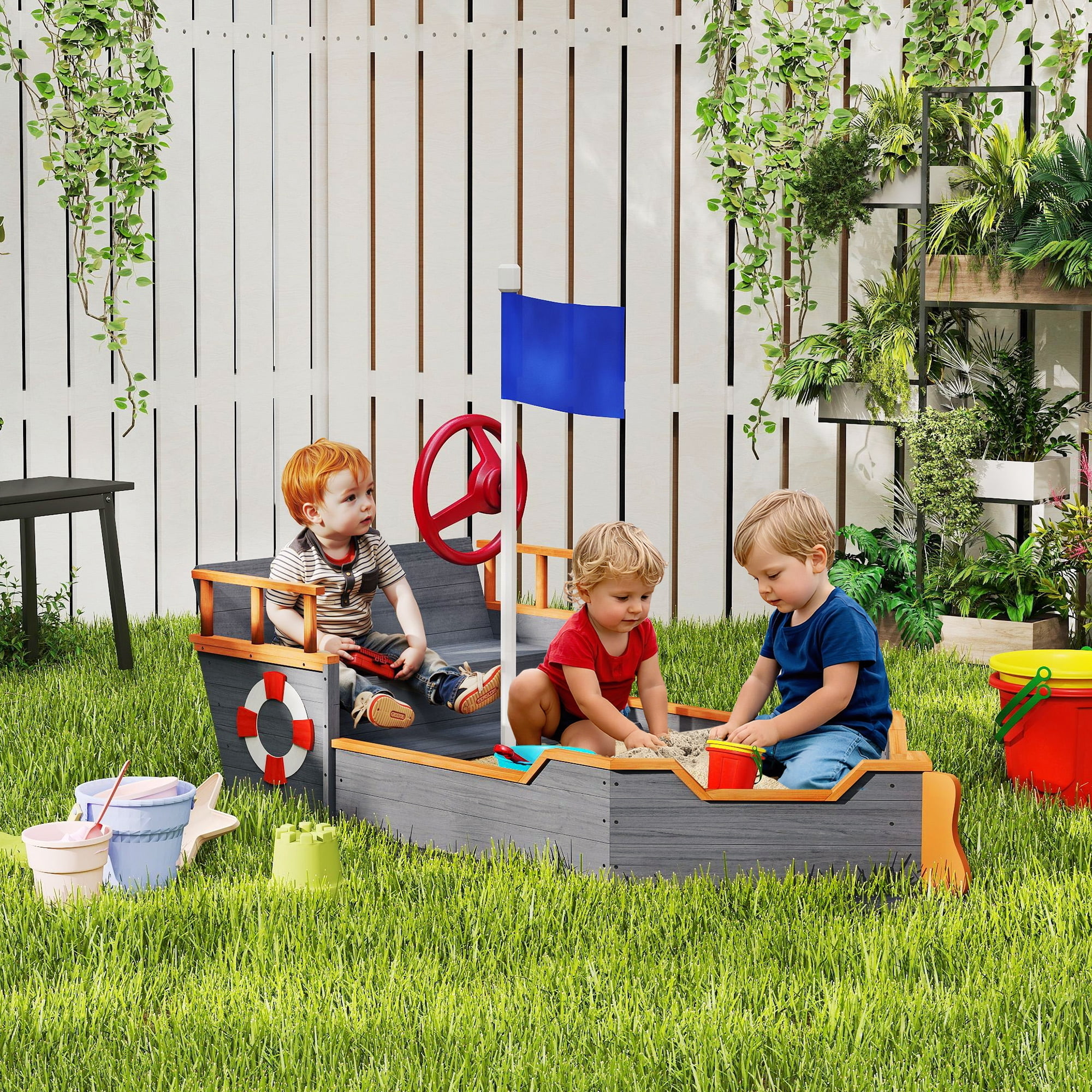Outsunny Wooden Kids Pirate Sandbox, Outdoor Sandboat with Bench Seats ...