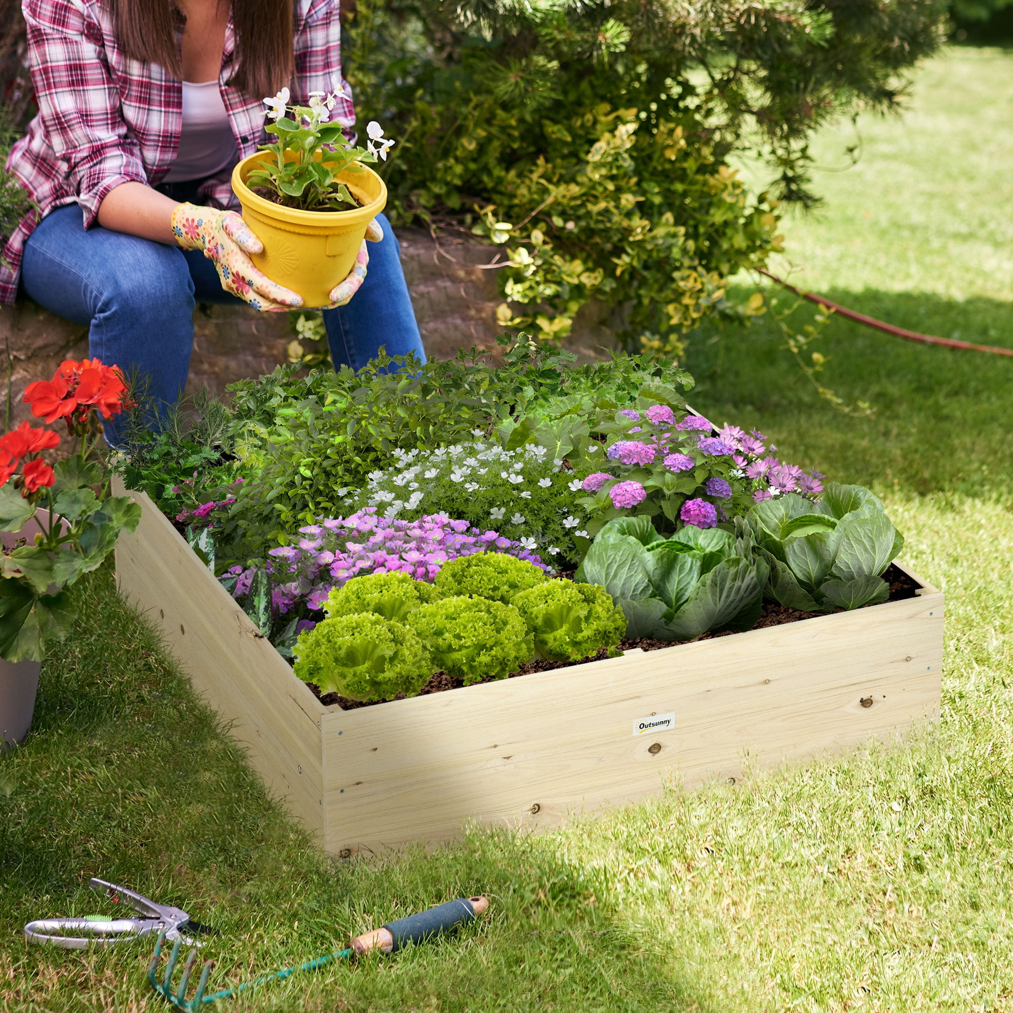 Outsunny Wooden Raised Garden Bed Kit, Elevated Planter Box with Bed ...