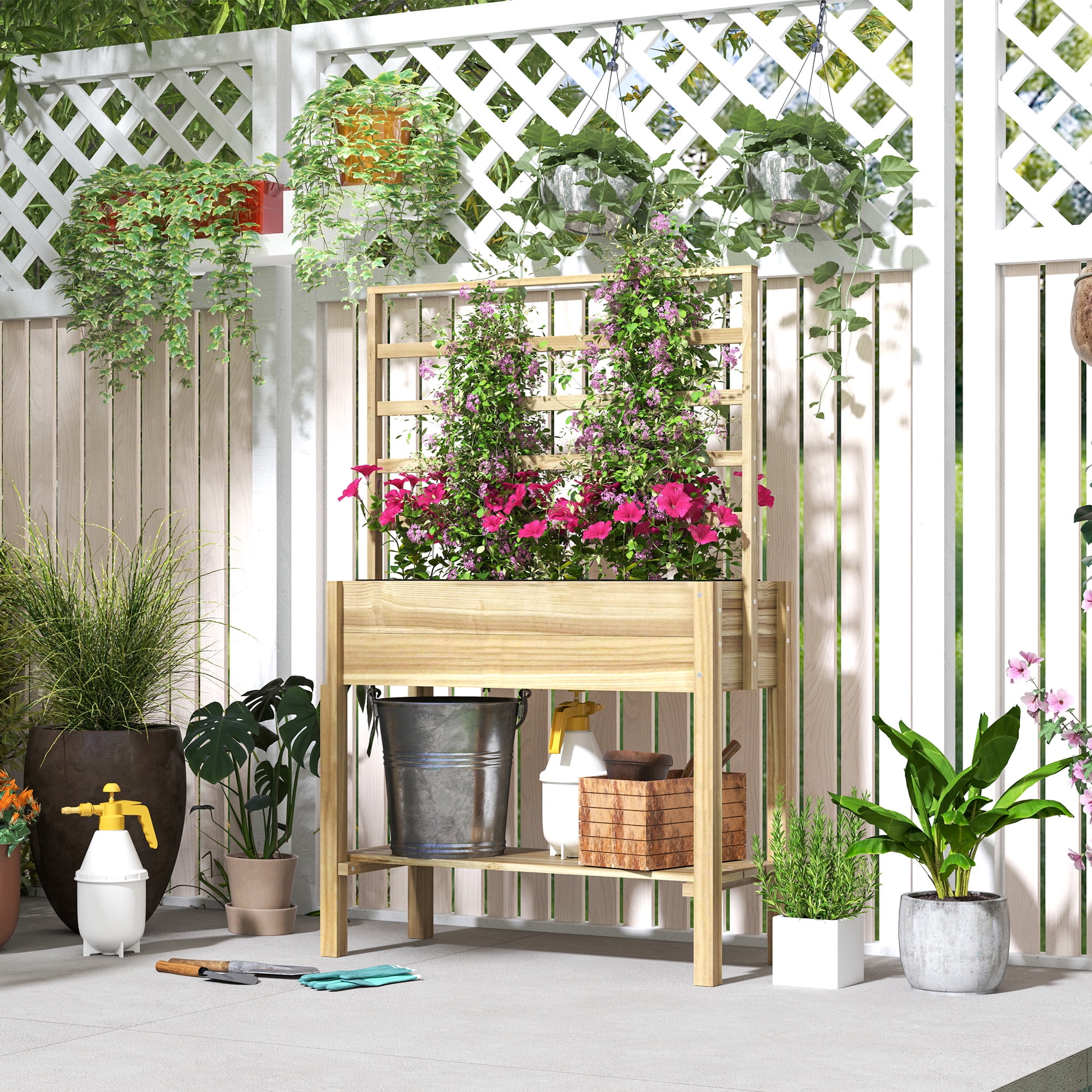 Outsunny Wooden Raised Planter Box with Trellis, Raised Flower Bed with ...