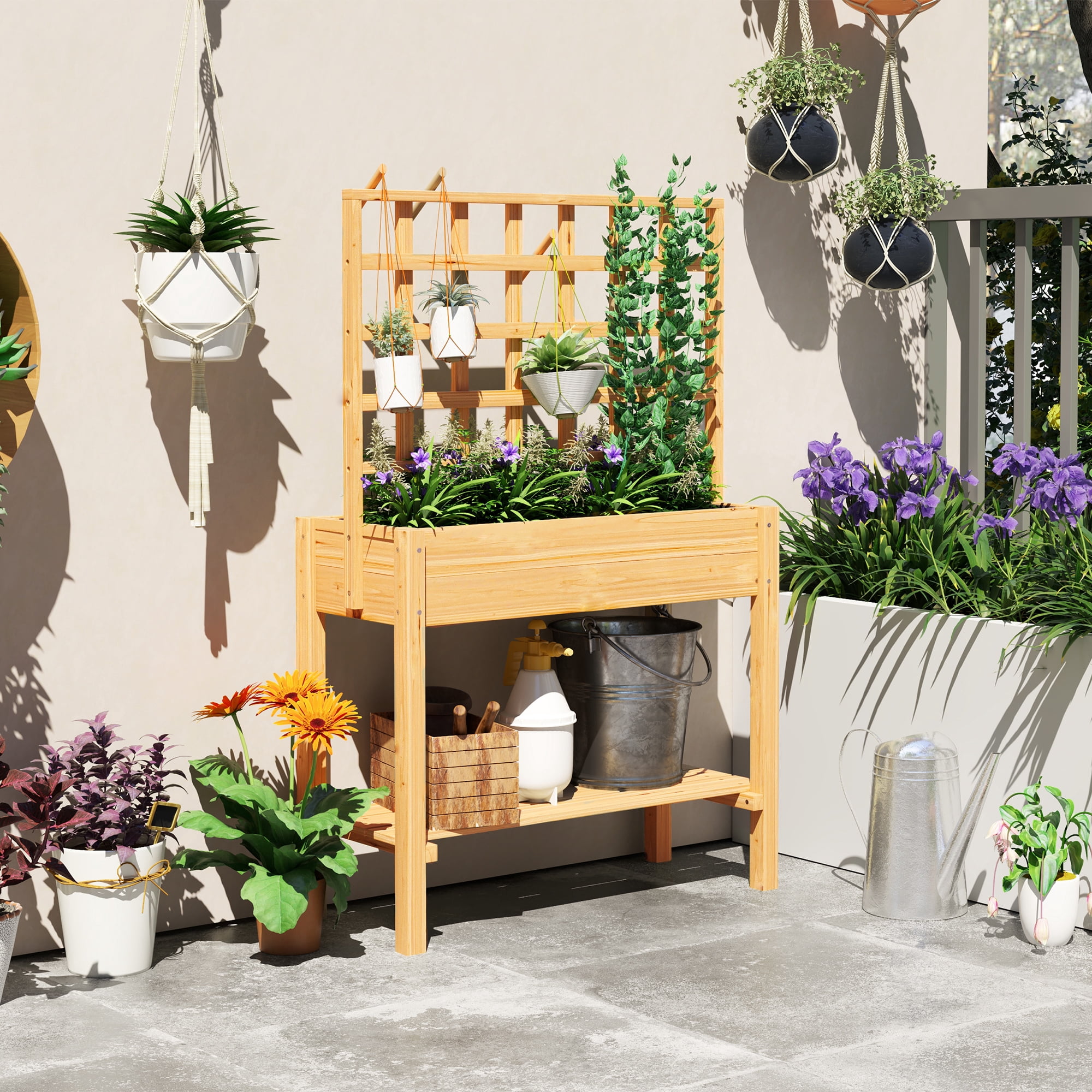 Outsunny Wooden Raised Planter Box with Trellis, Raised Flower Bed with ...
