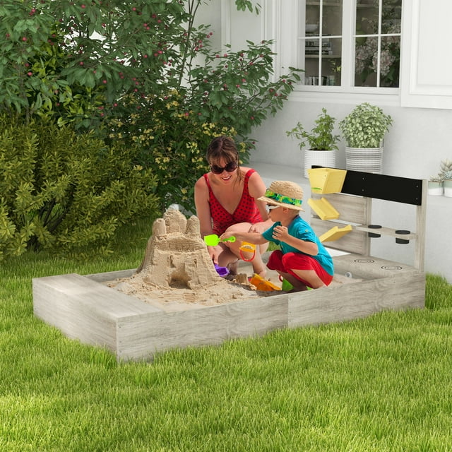 Outsunny Wooden Sandbox with Liner, Kitchen Design & Sink for 3-7 Year ...