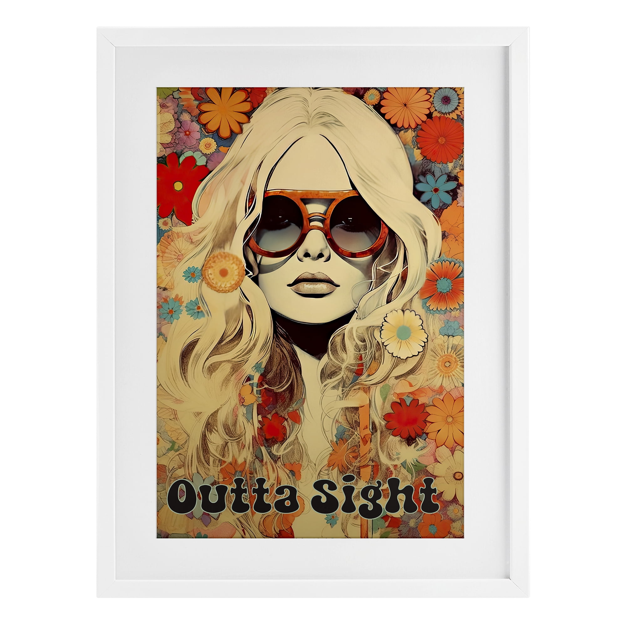 Outta Sight Hippie Girl White Framed Print Under Glass, design by Sasha ...