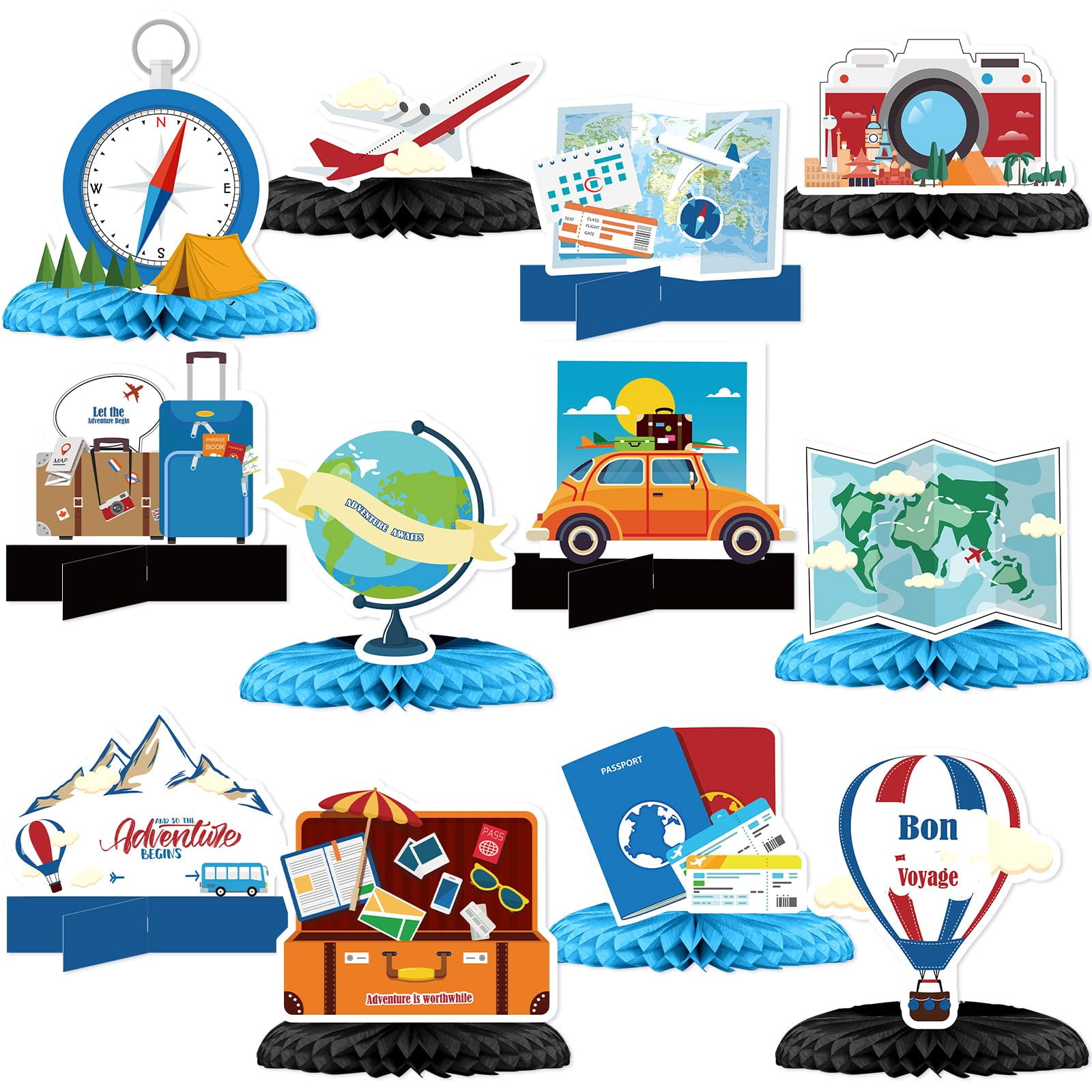 Outus 12 Pcs Travel Theme Party Decorations Let Adventure Begin Table ...
