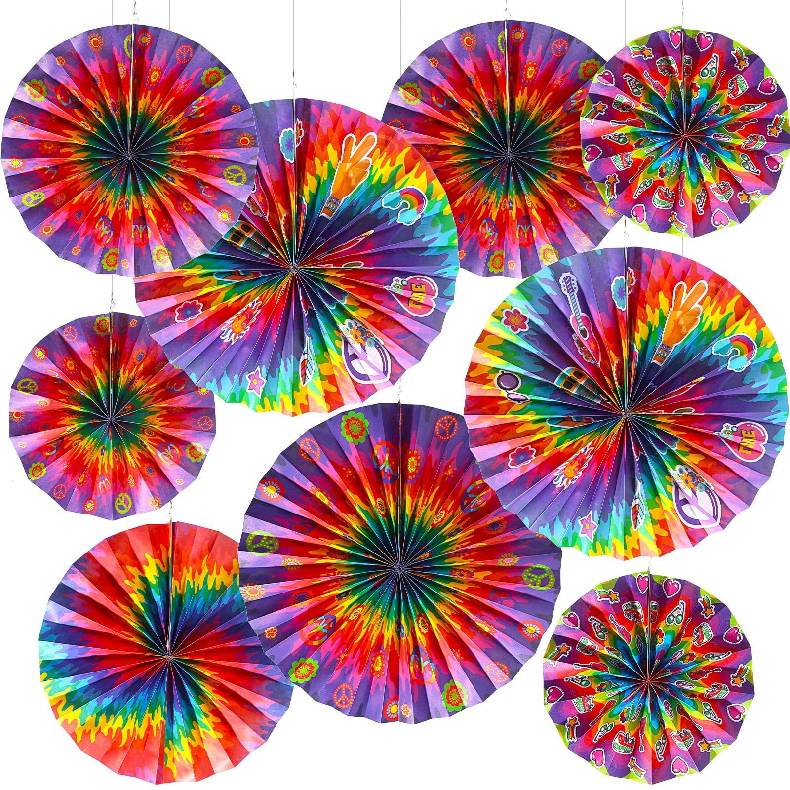 Outus 18 PcsTRDN Tie Dye Party Supplies Groovy Hippie Paper Fans ...