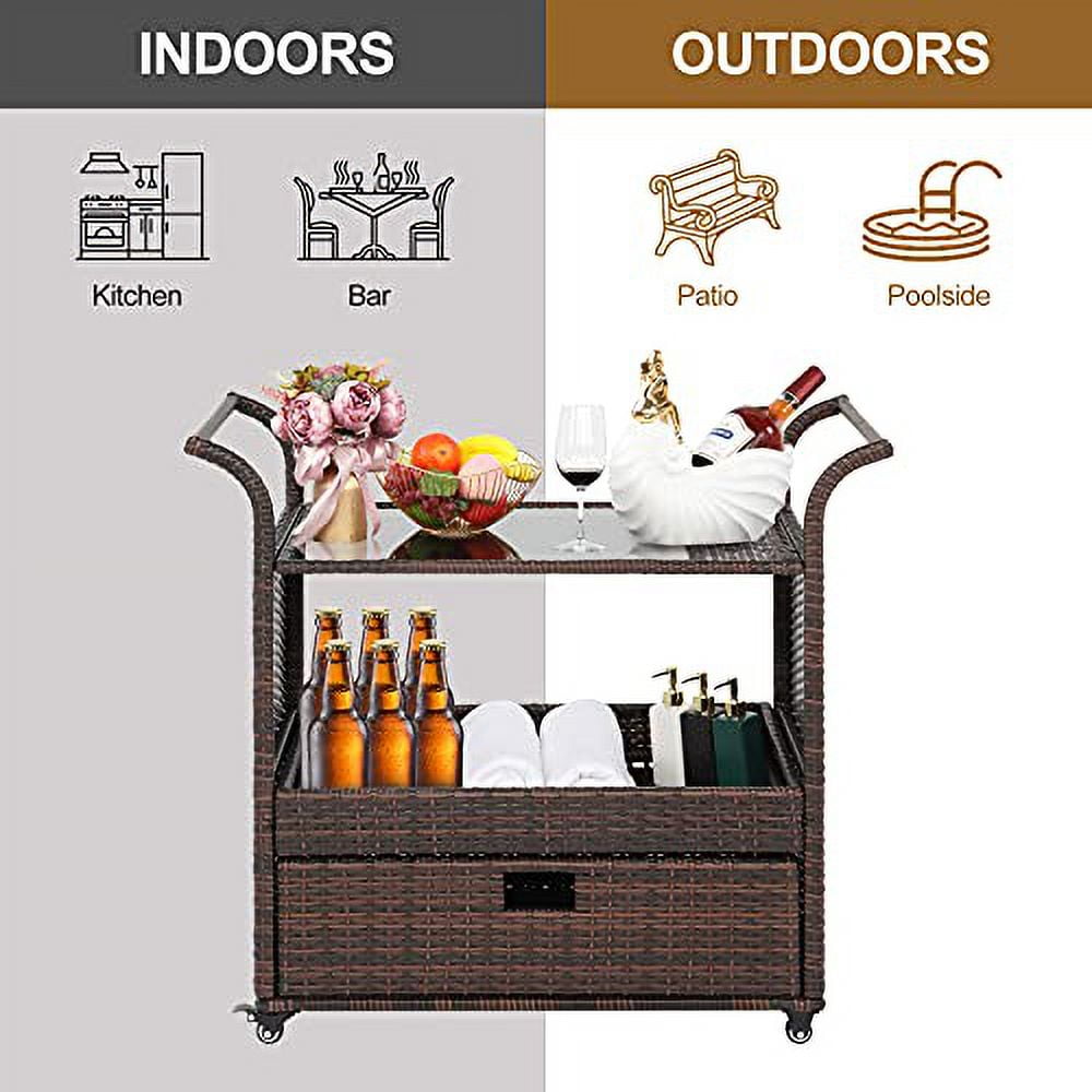 Outvita Outdoor Rolling Wicker Bar Cart, Rolling Rattan Beverage Bar ...