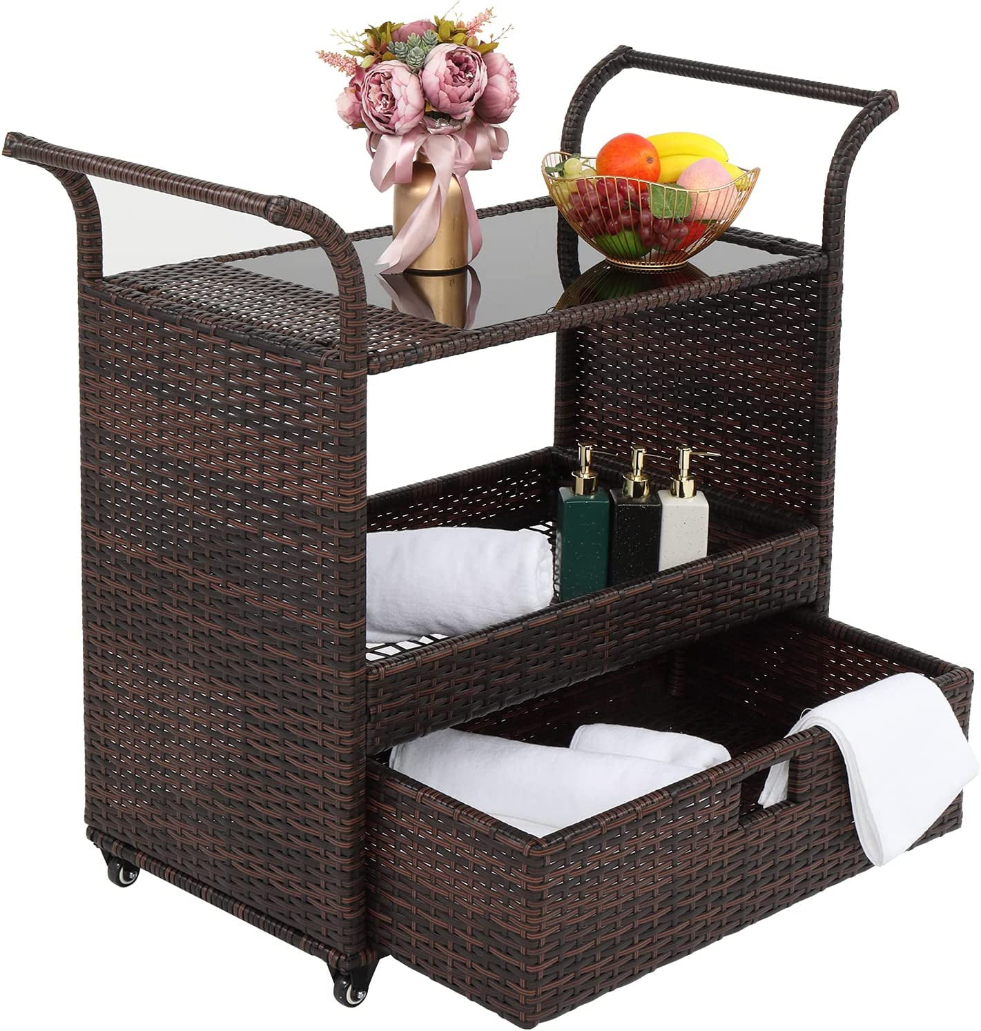 Outvita Outdoor Rolling Wicker Bar Cart, Rolling Rattan Beverage Bar ...