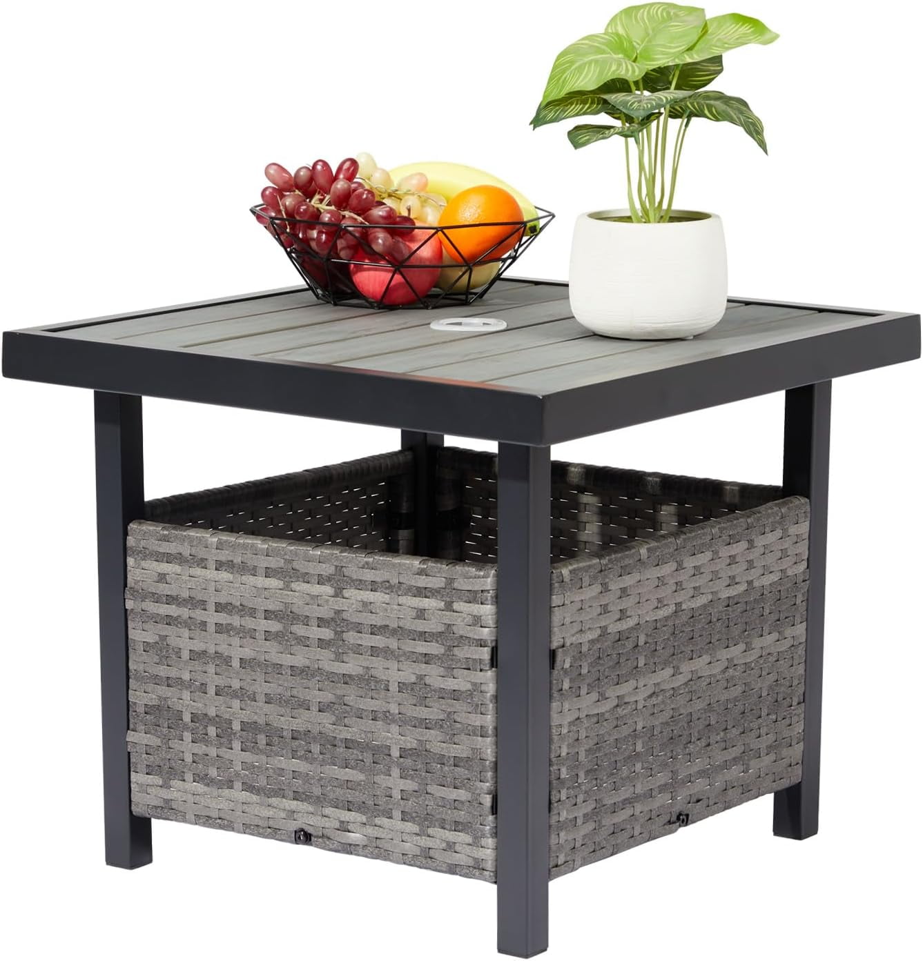 Outvita Outdoor Side Table with Umbrella Hole, Rattan Umbrella Stand ...