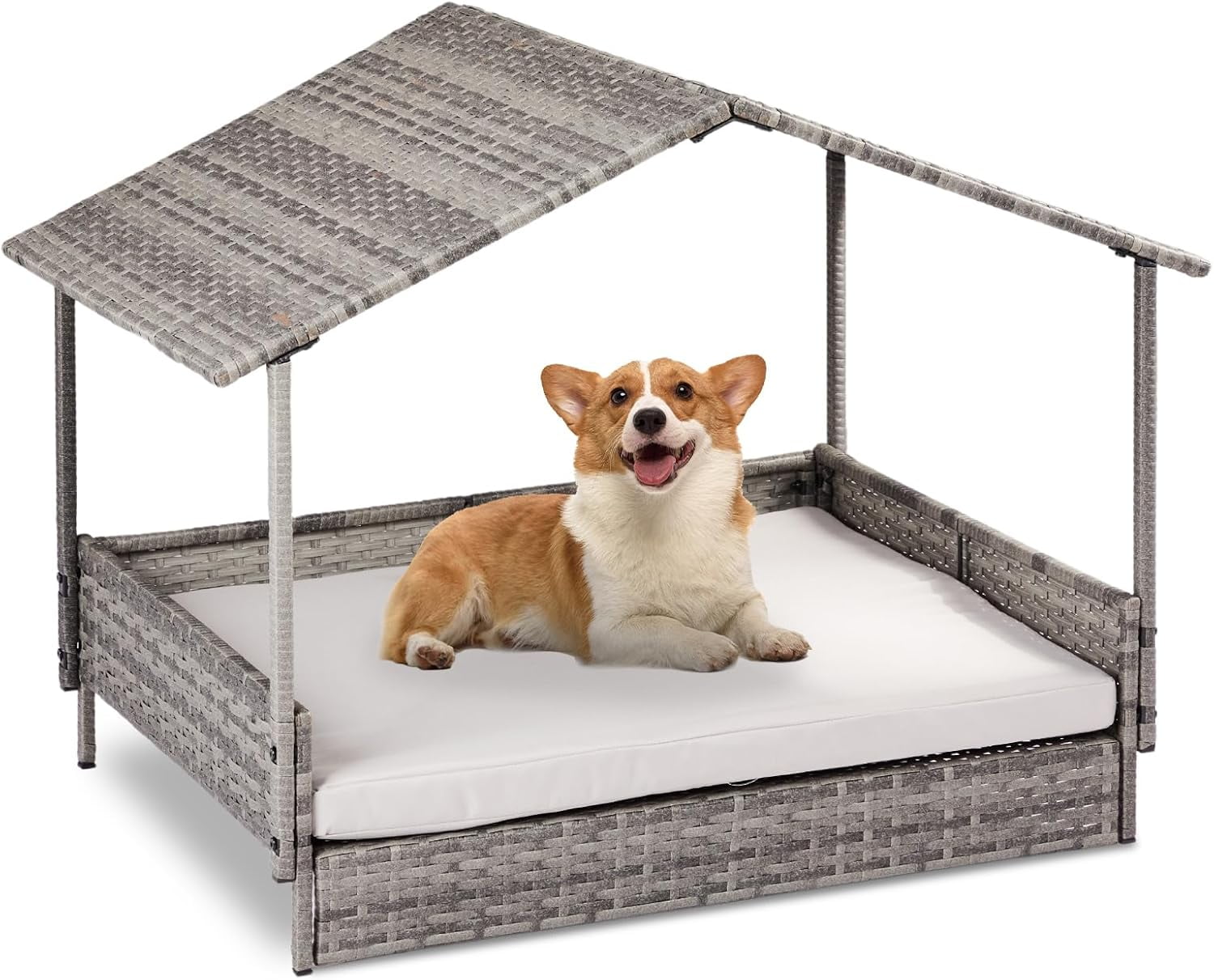 Outvita Wicker Dog House, 31.3" Elevated Dog Bed with Canopy and Pad ...