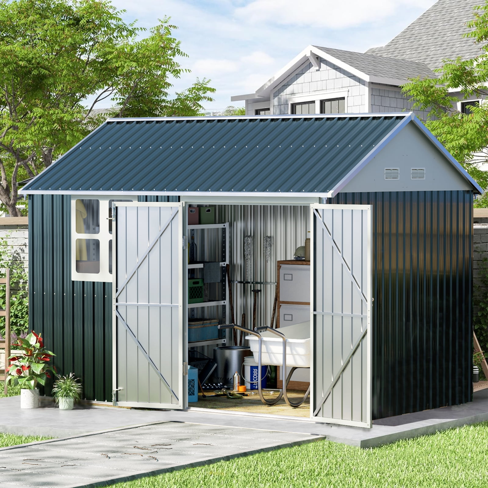 Outvue 10X8FT Outdoor Steel Storage Shed with Lockable Doors & Window ...
