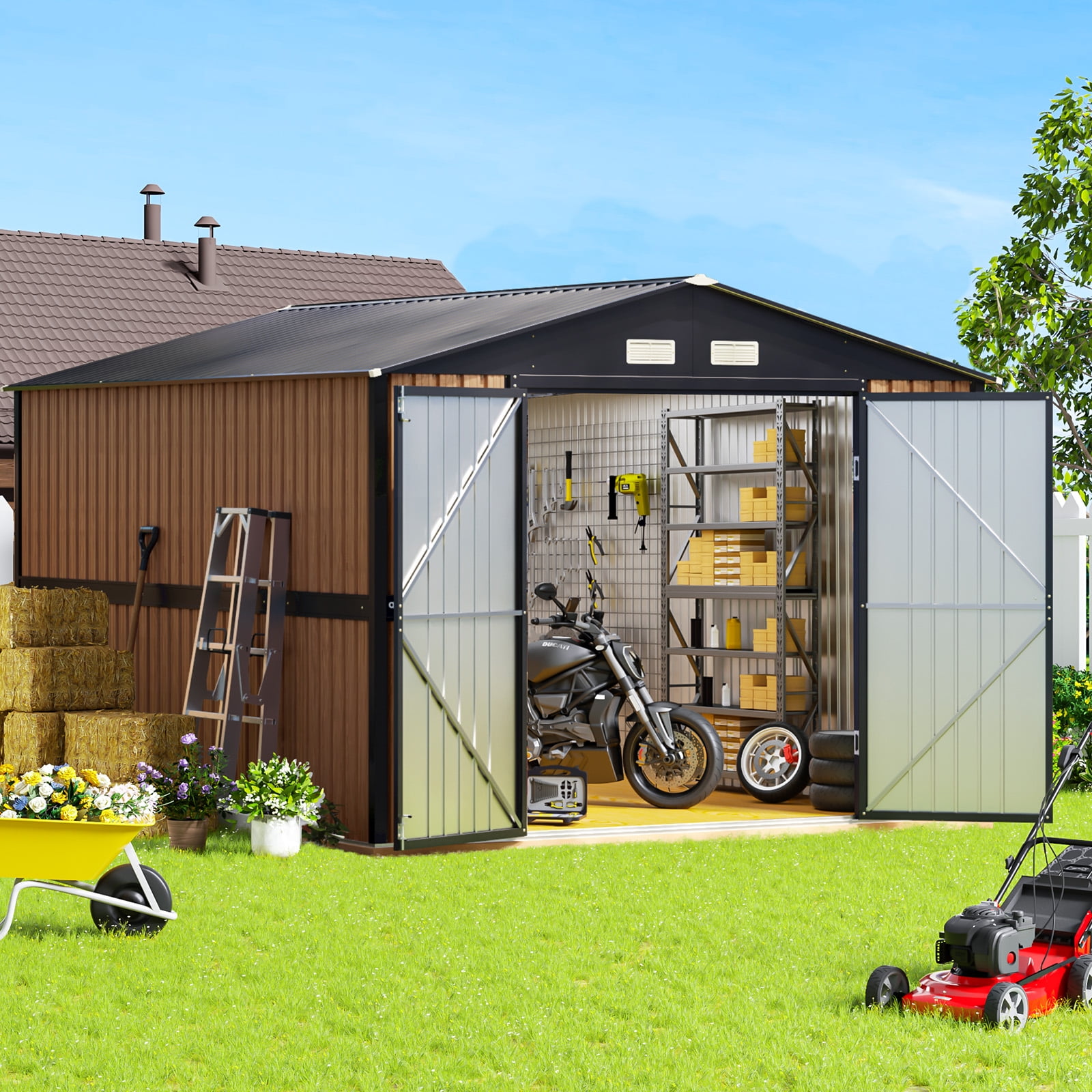 Outvue 10x12FT Outdoor Steel Storage Shed with Lockable Door and Window ...