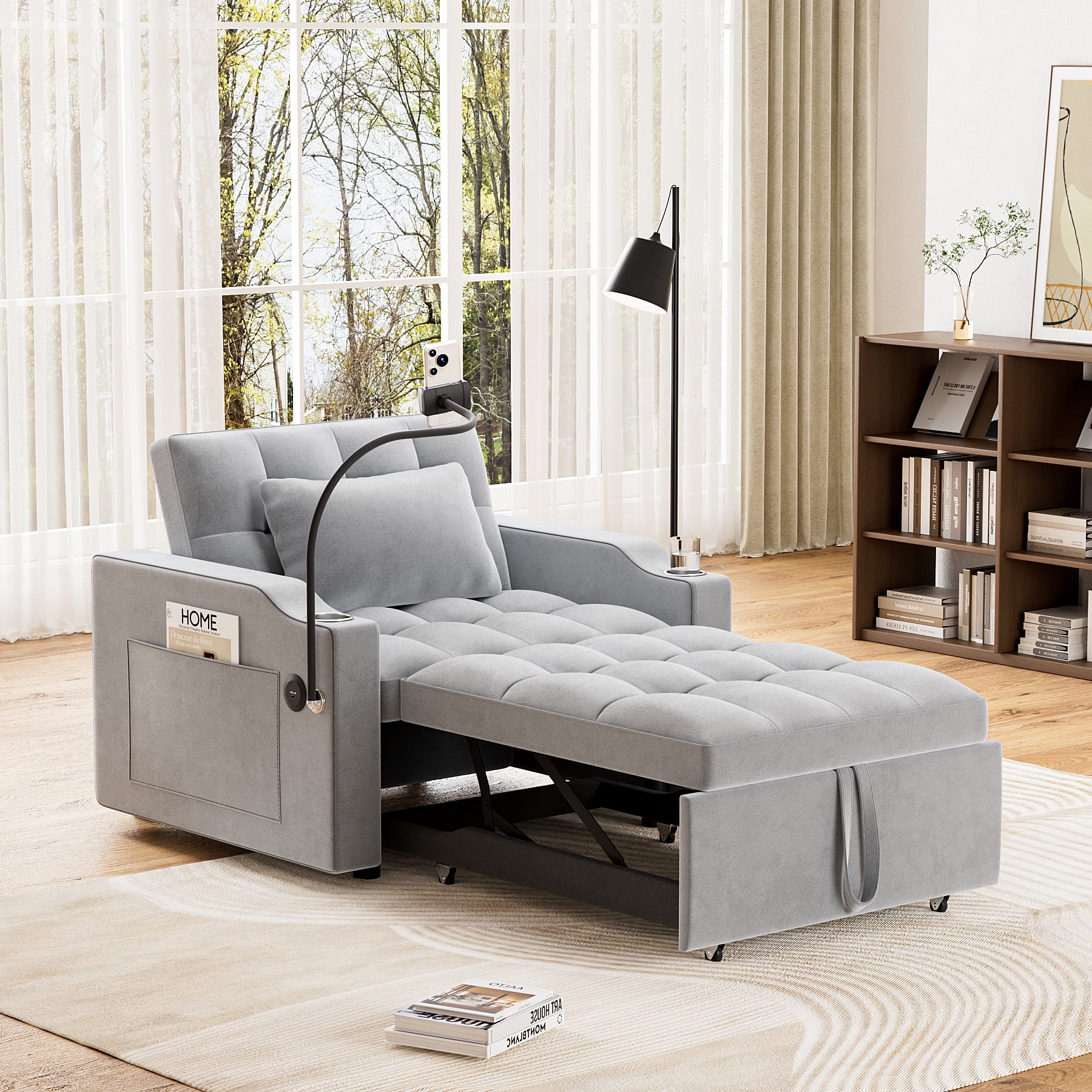 HONBAY Modern Linen Pull-Out Couch Convertible with Storage, Beige ...