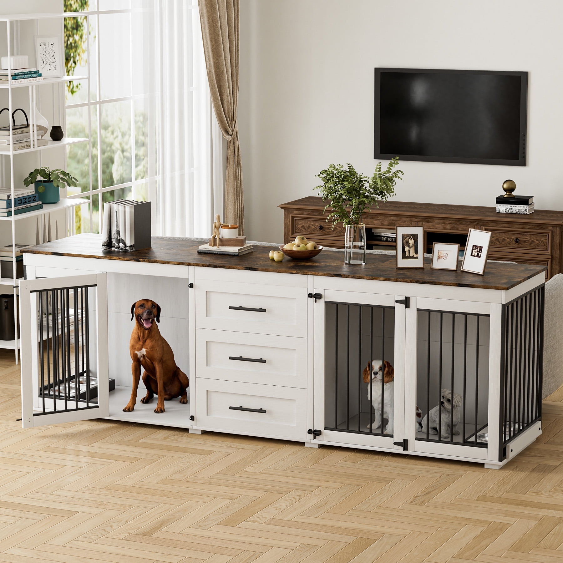 Wiilayok 94.5" Dog Crate Furniture for 2 Large Medium Dogs, Wooden Dog ...