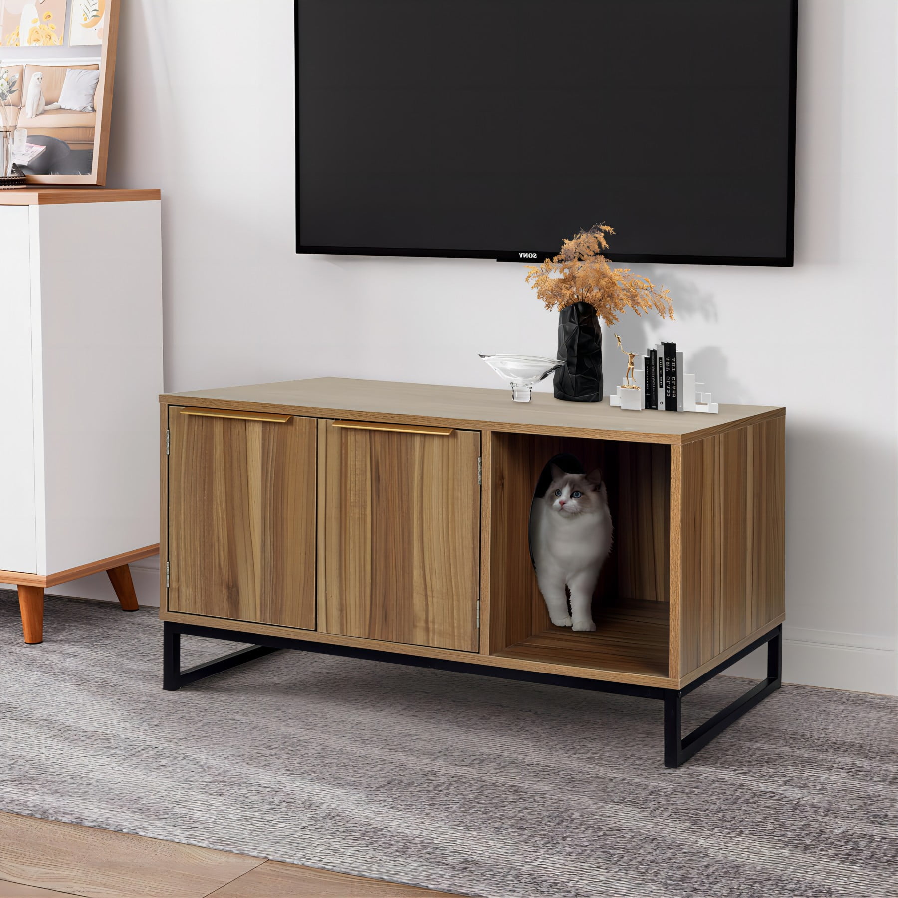 Ouyessir 2in1 TV Stand & Cat House Enclosure, Hidden Litter Box ...
