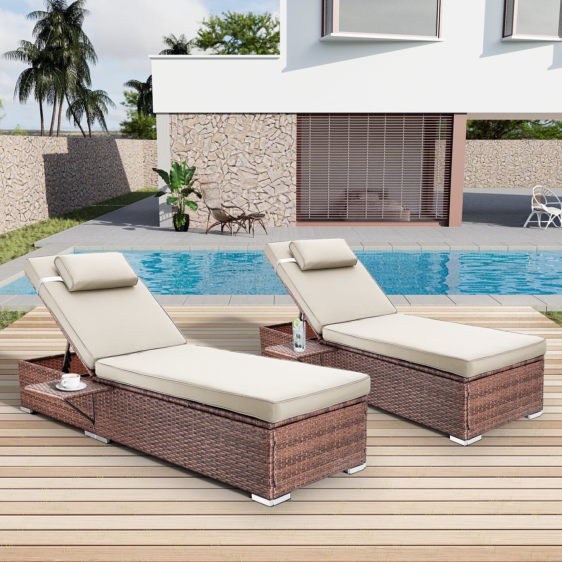 Wiilayok Outdoor Chaise Lounge Set of 2,Rattan Wicker Chaise Lounge ...